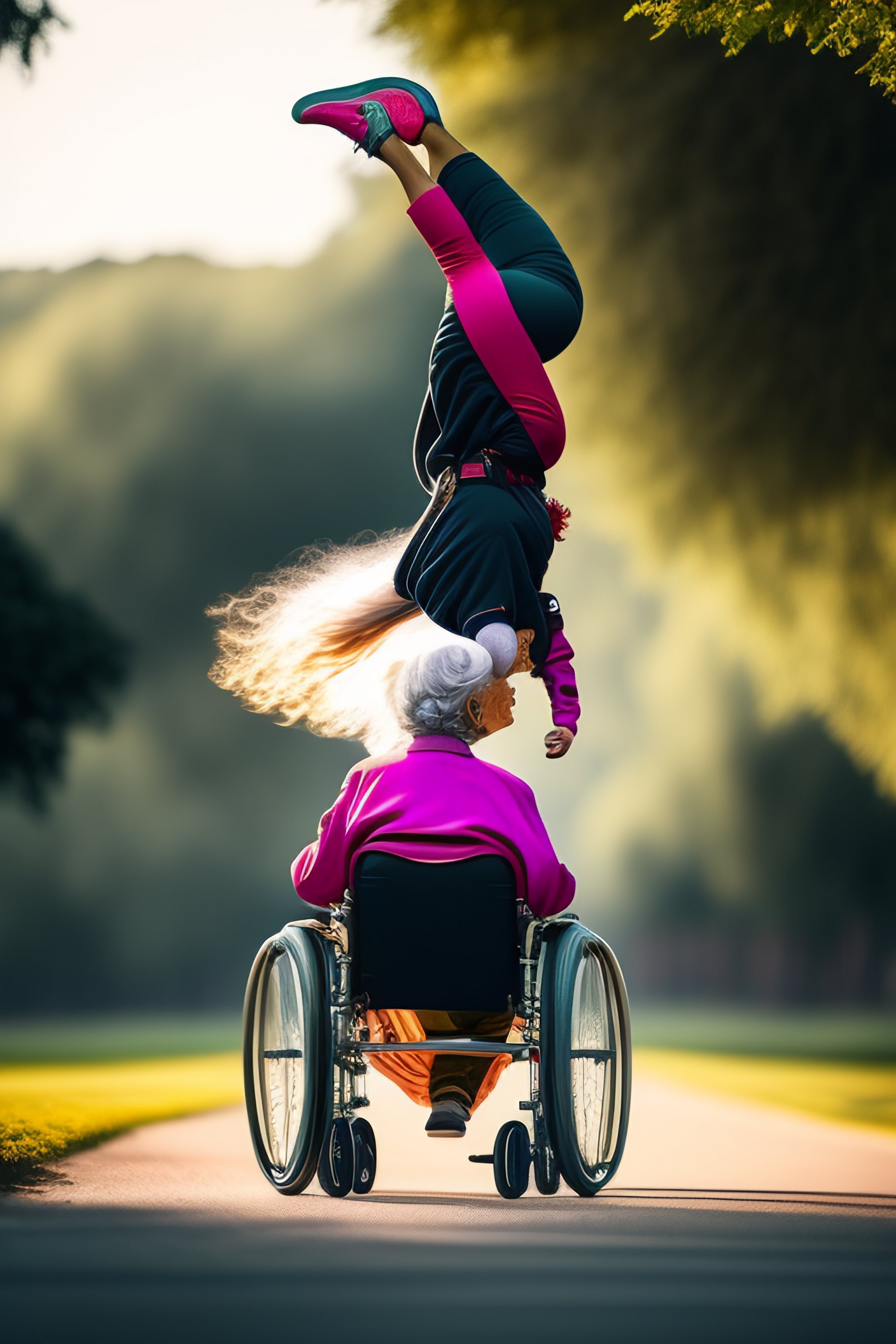 Lexica - A old woman in a wheelchair doing a backflip