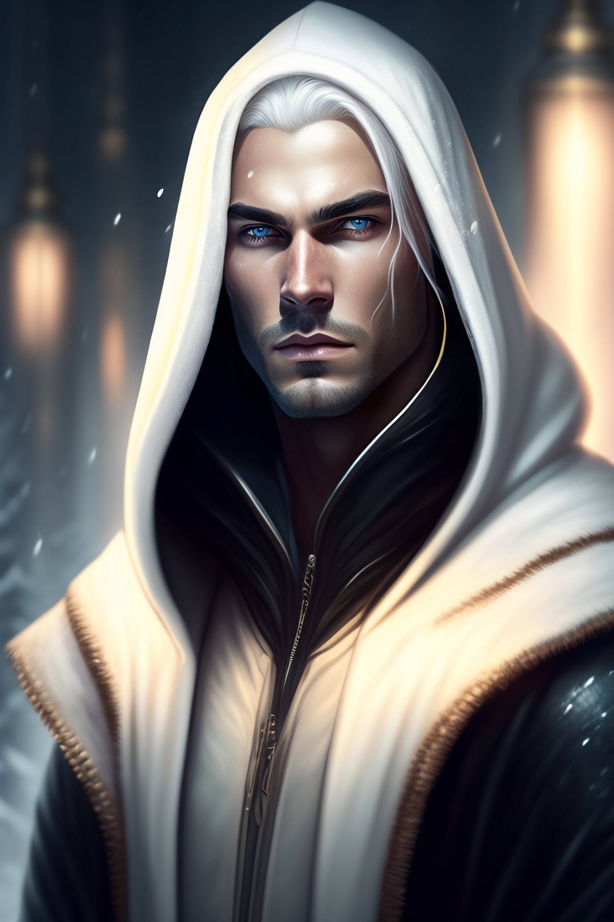 Lexica - Gloomy elegant white-haired man in a hood drawing a lot of ...