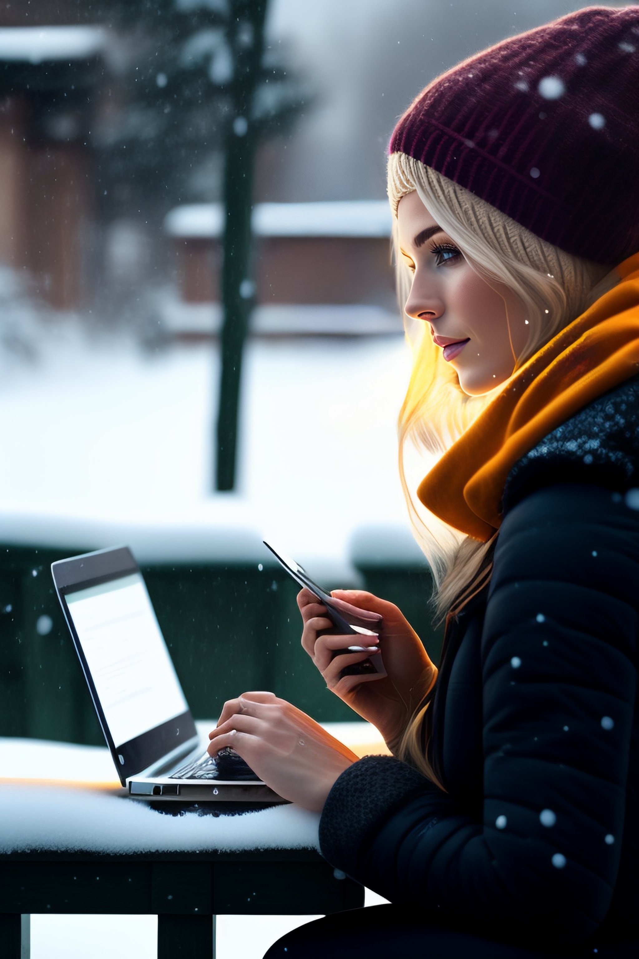 Lexica - Hipster desginer, blond, working on laptop in snow, outside ...