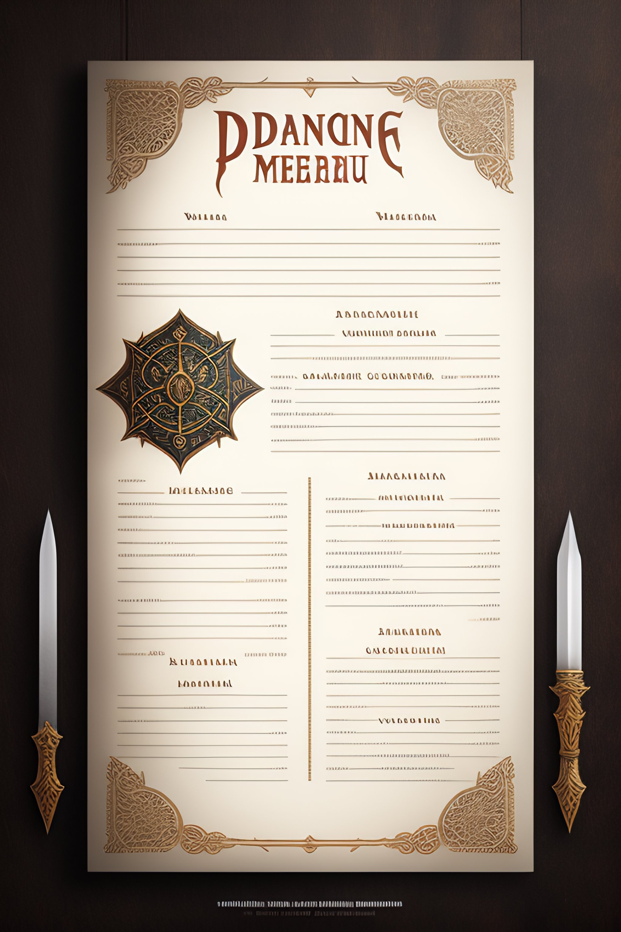 Lexica - A dungeons dragons' menu on a paper sheet with embellishments ...