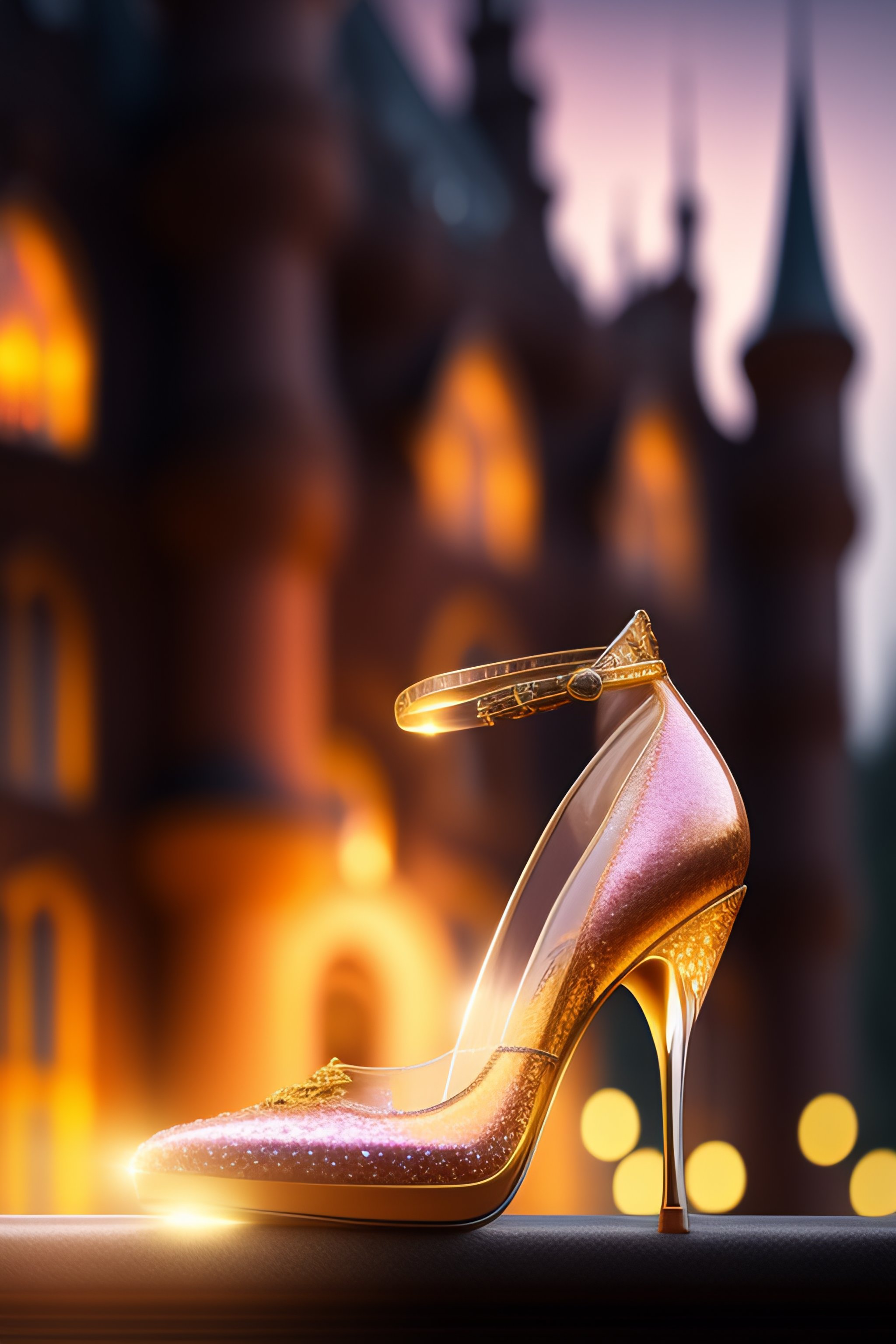 Lexica - Shiny clear entricate high heel shoe in front of a castle ...