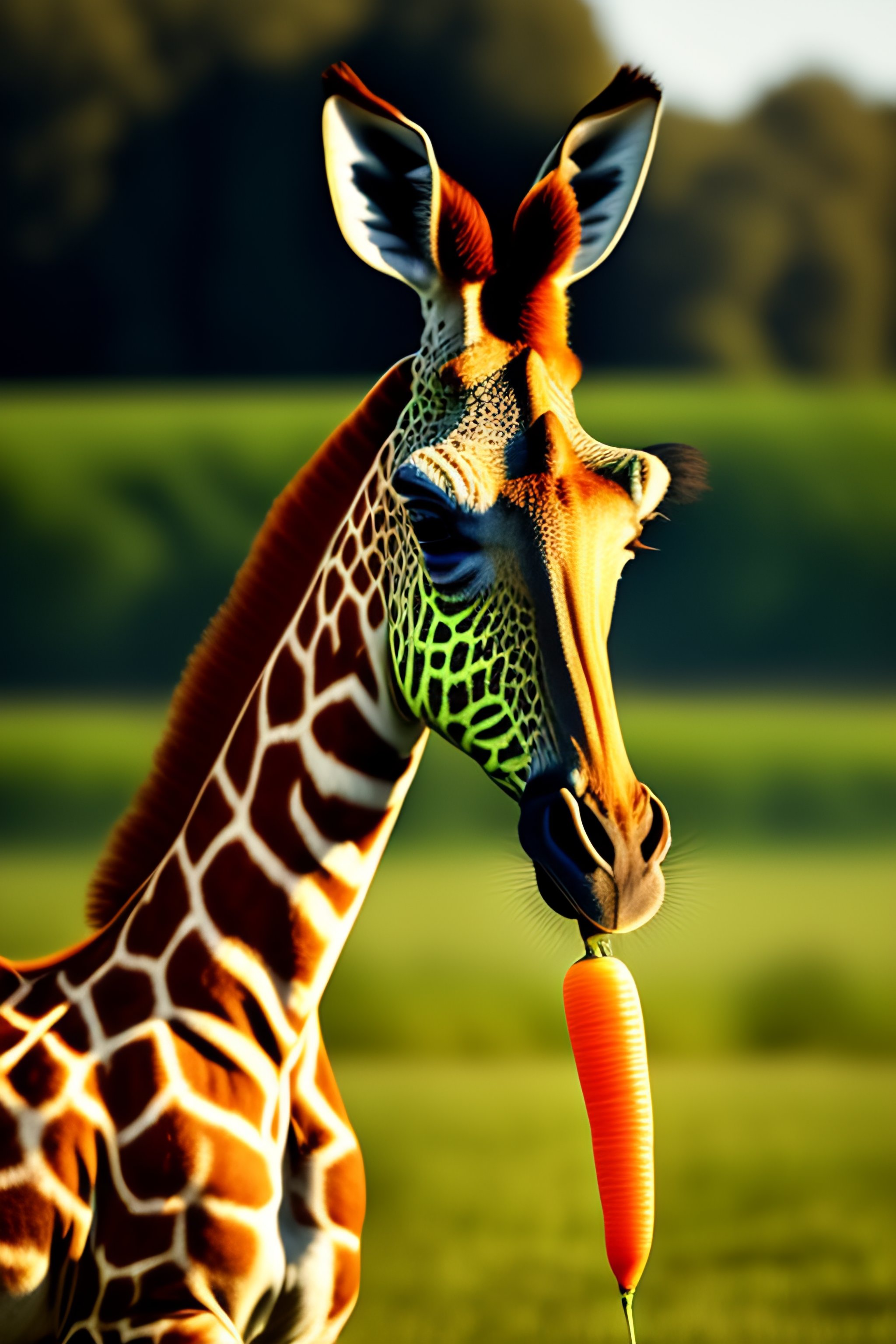 Lexica - Green giraffe eats a carrot-colored hare