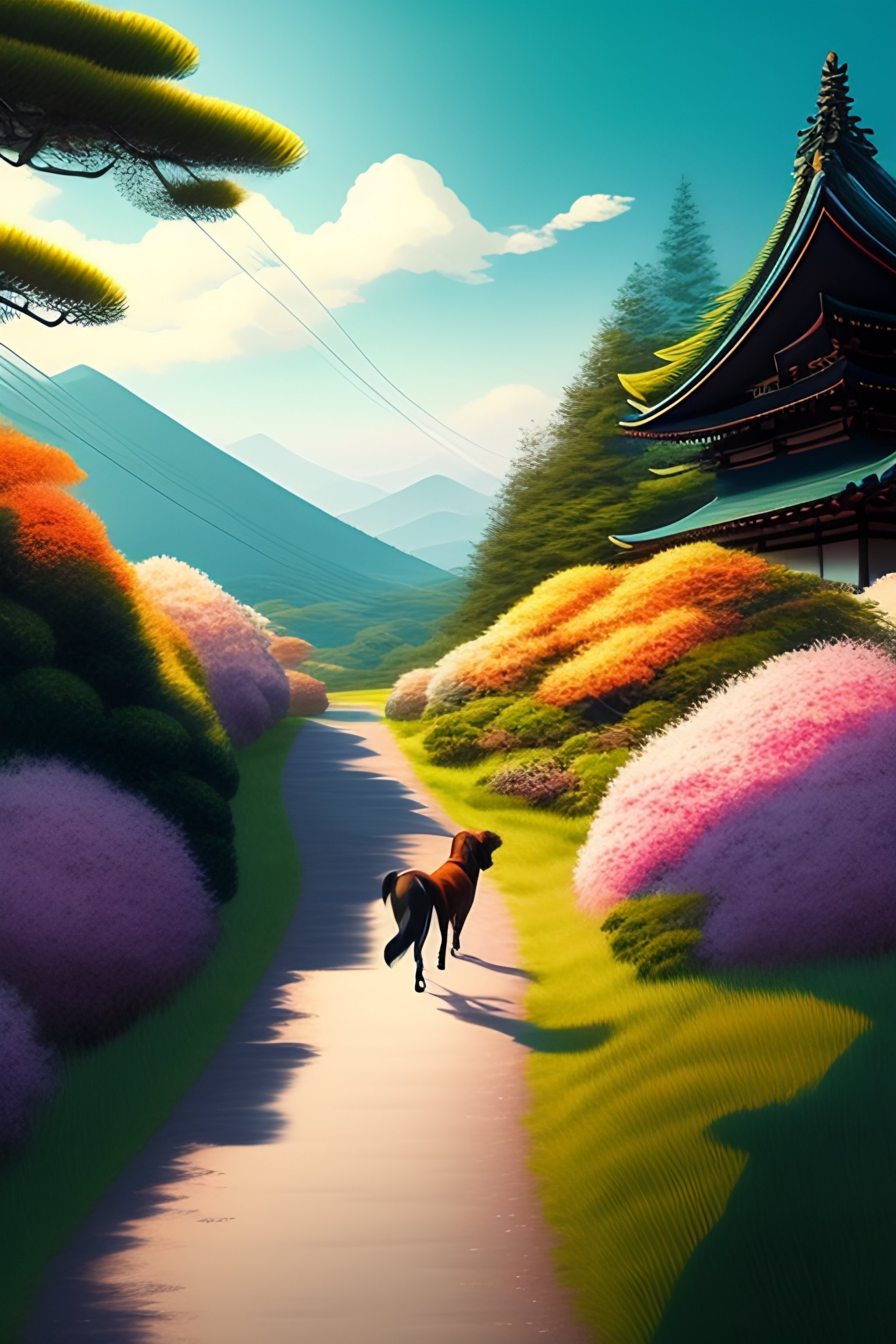 Lexica - 2 dogs running down a foot path in rural japan, in anime style