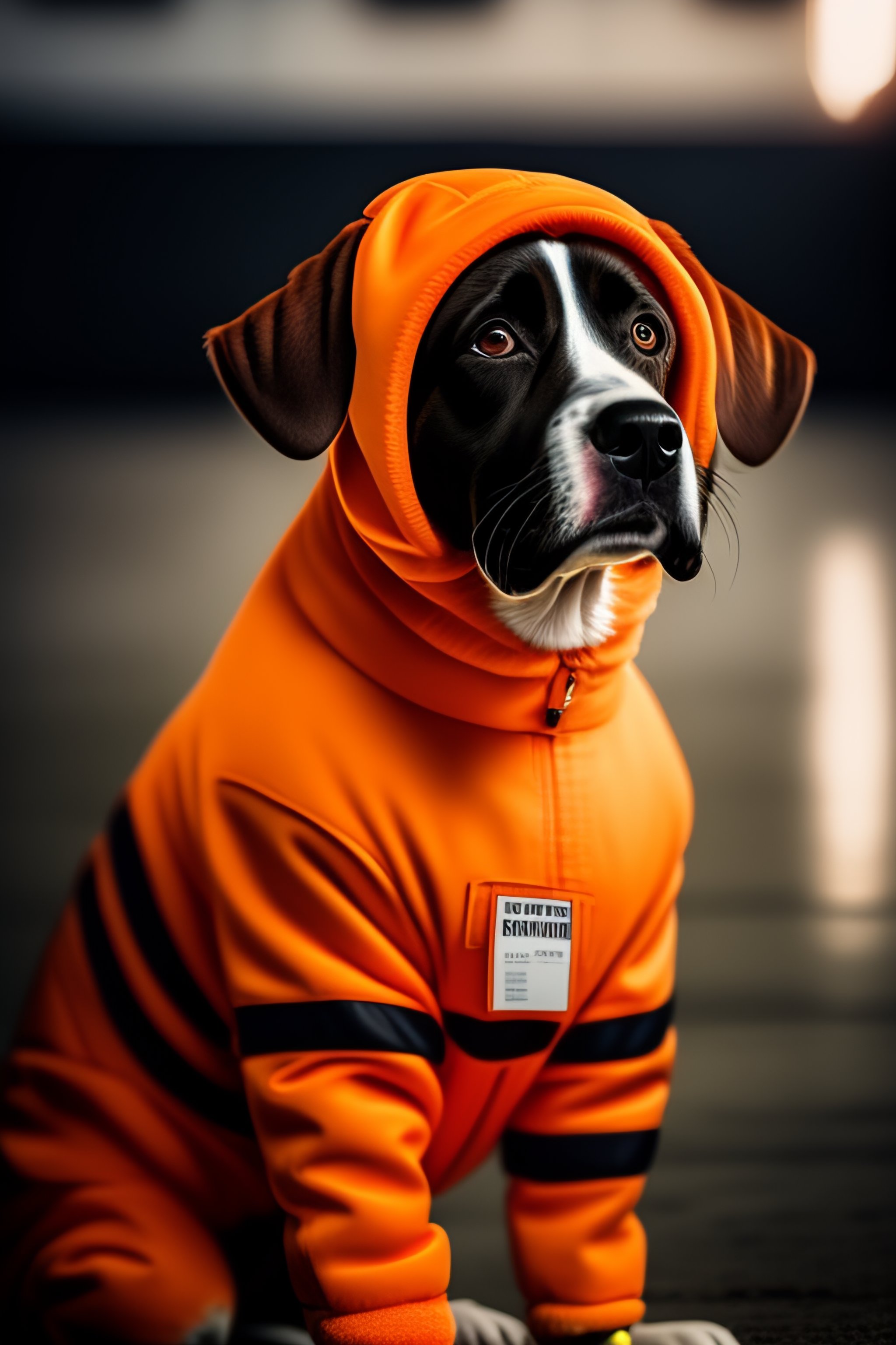 Lexica - A humanoid dog wearing inmate orange jumpsuit outfit in prison ...