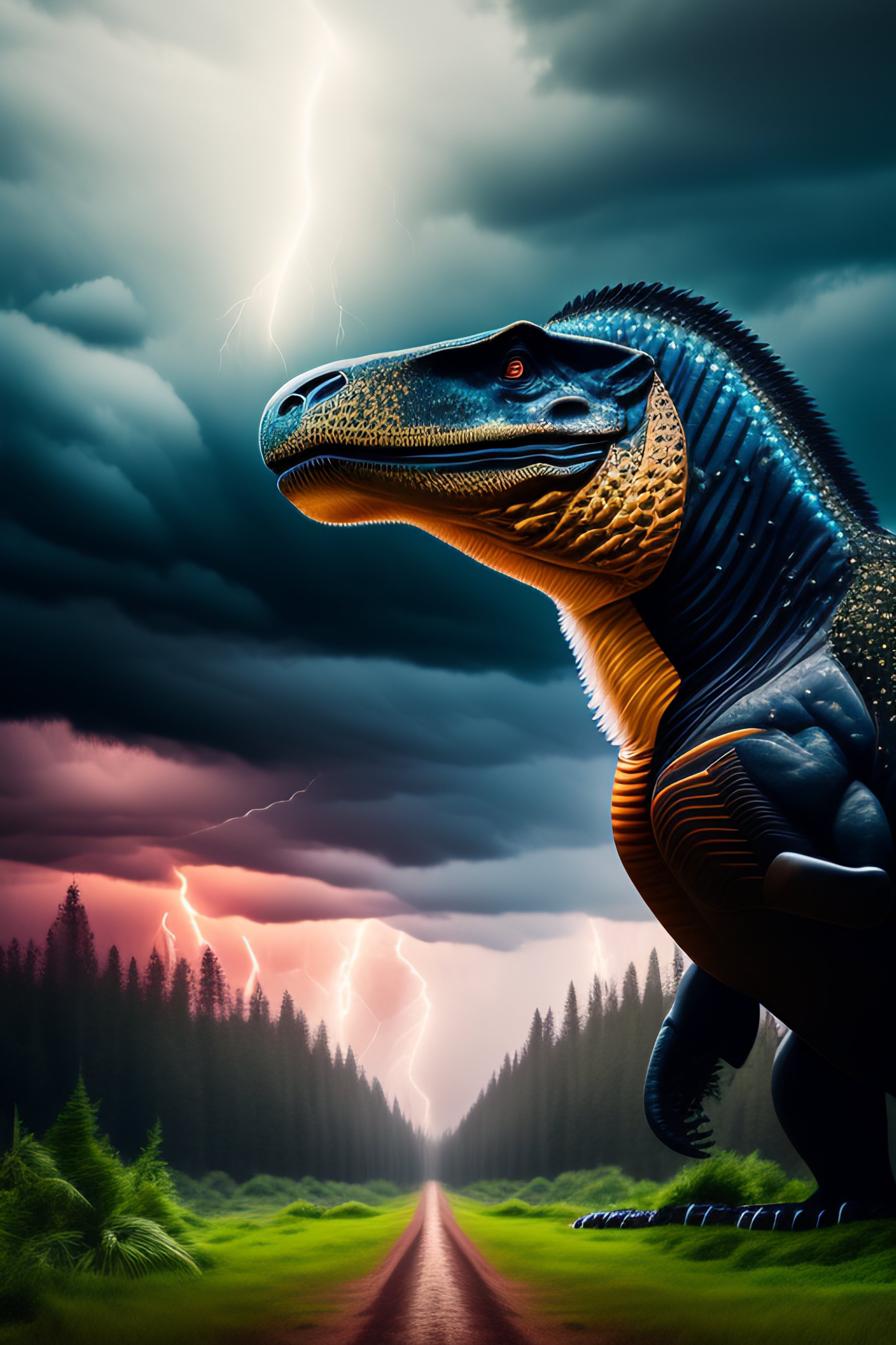 Lexica - T Rex in a primordial forest, stormy background, with lightning