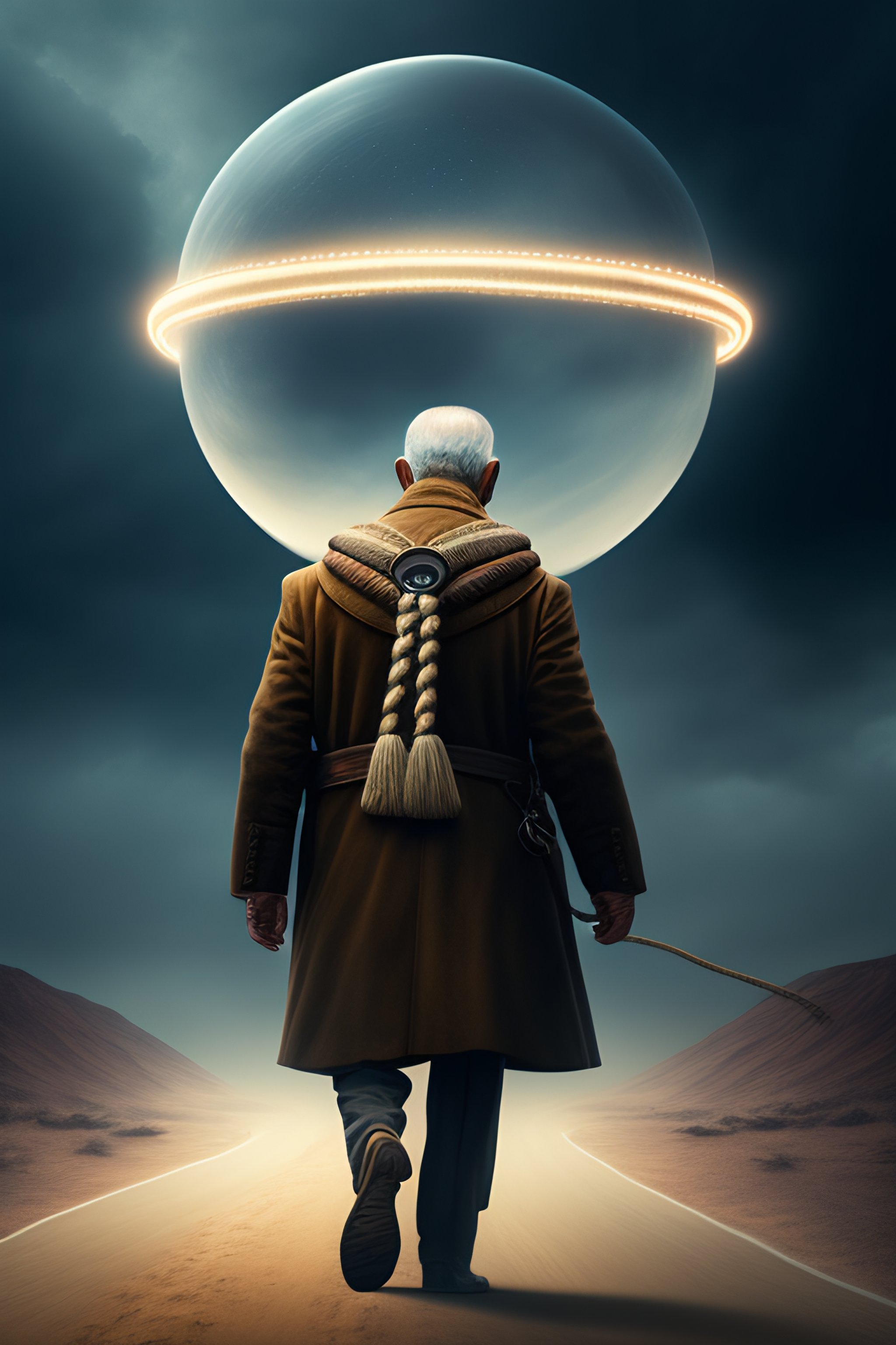 Lexica - Old man carrying a time machine on his head. with rope tied ...