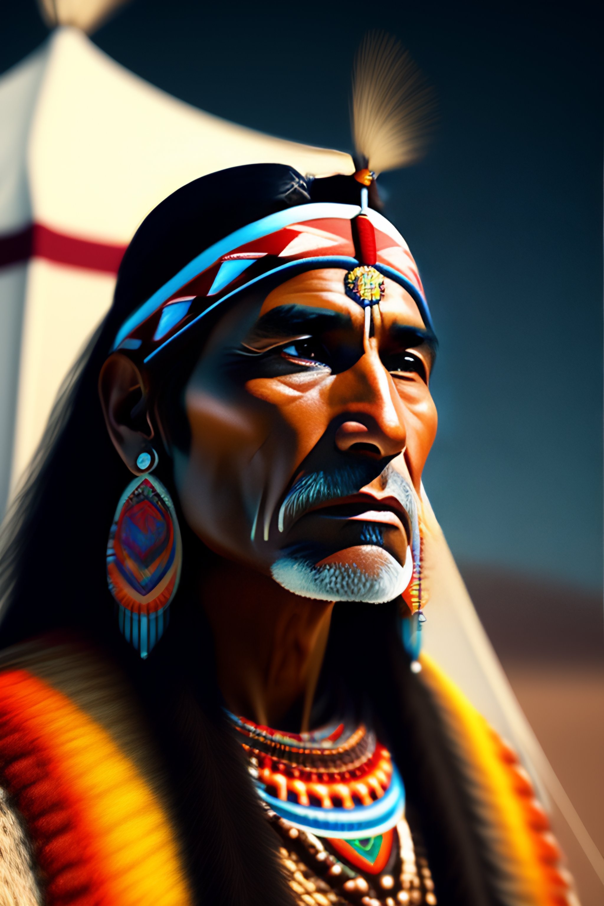 Lexica - Native american man portrait in 3d digital art with tents area ...