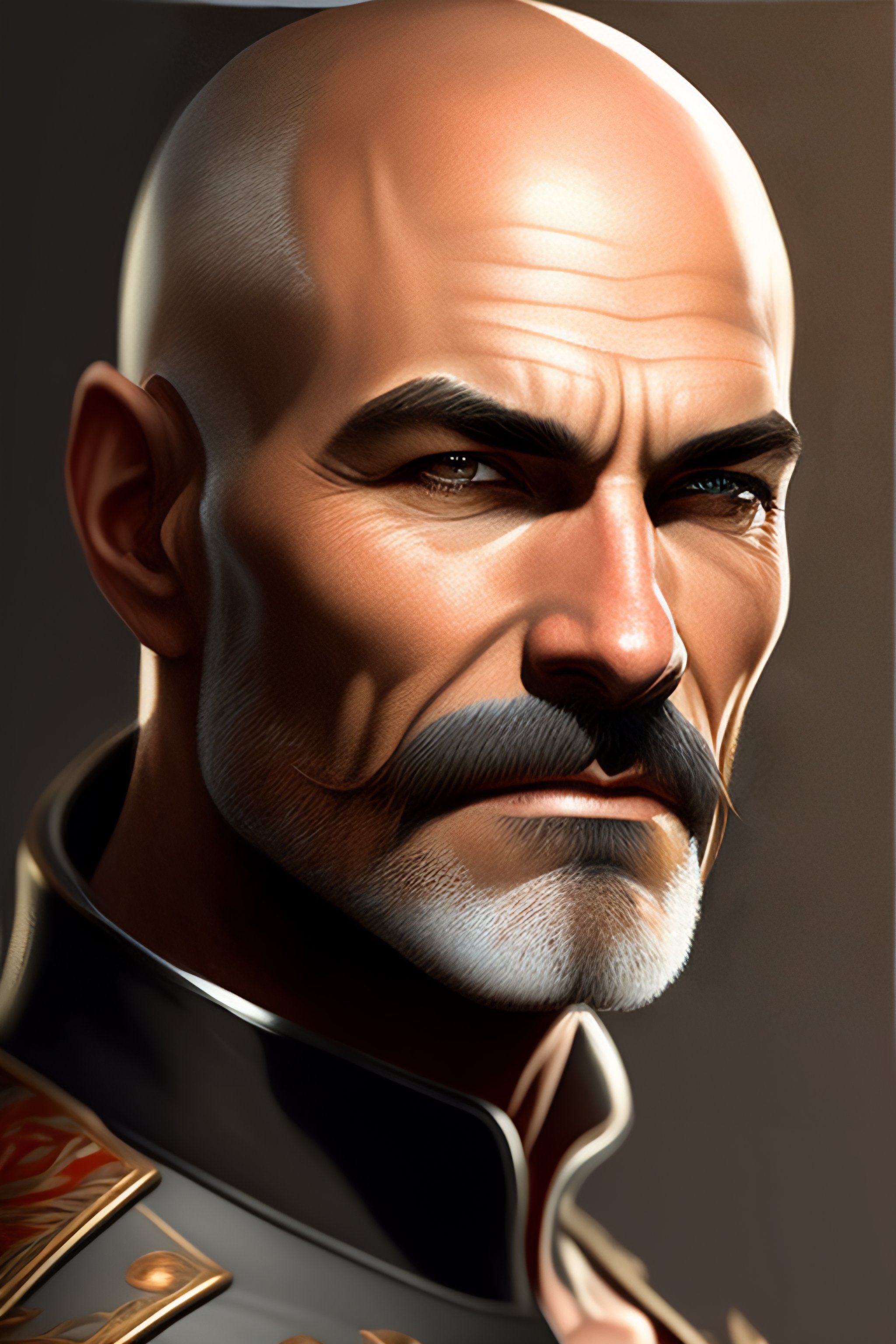 Lexica - A grizzled man with a bald head with dark short stubble ...