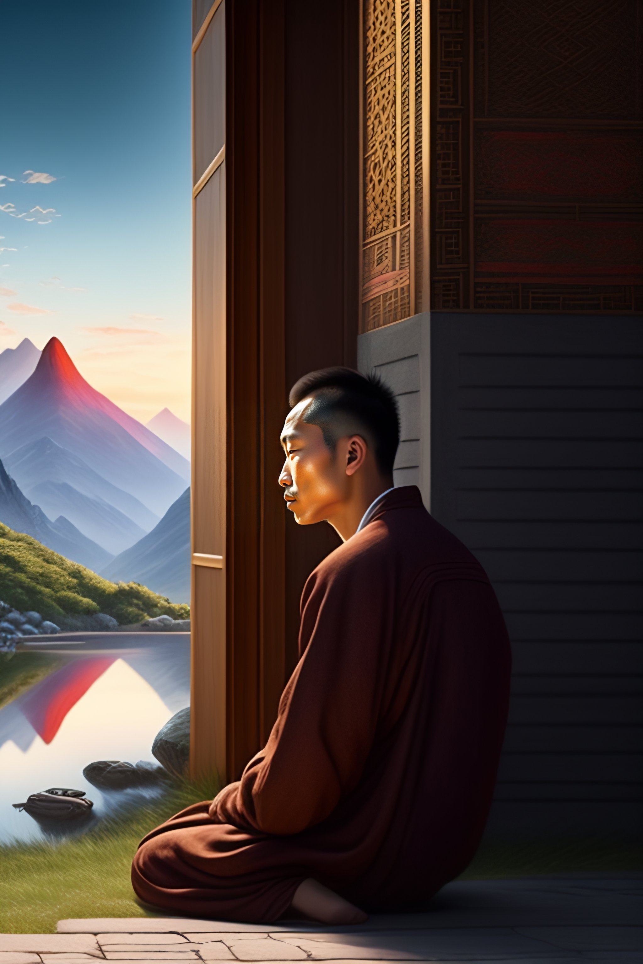 Lexica - Portrait of a young man kneeling in front of an old zen master ...