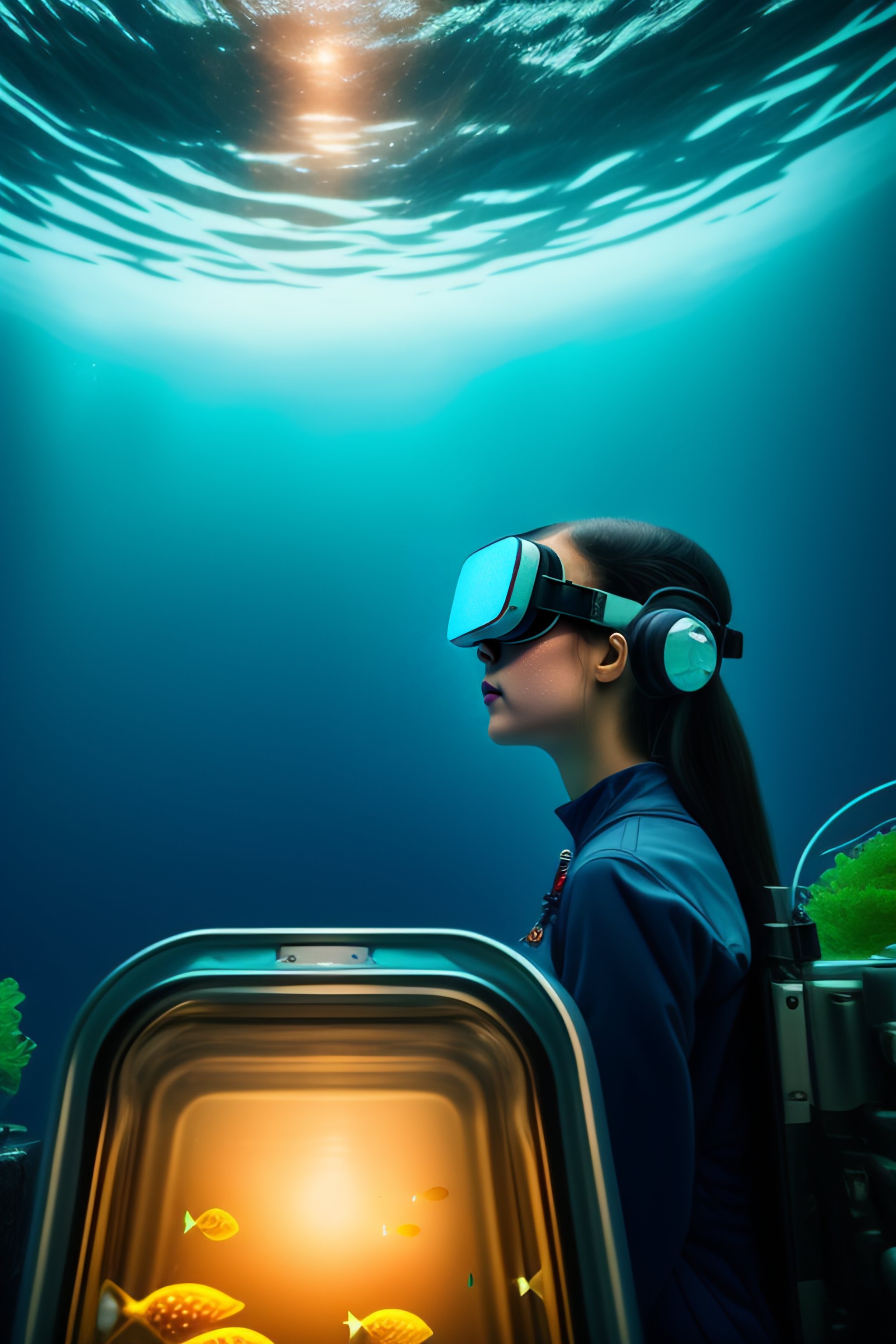 Lexica - Girl in an underwater tank with VR, underwater , lab ,sci-fi