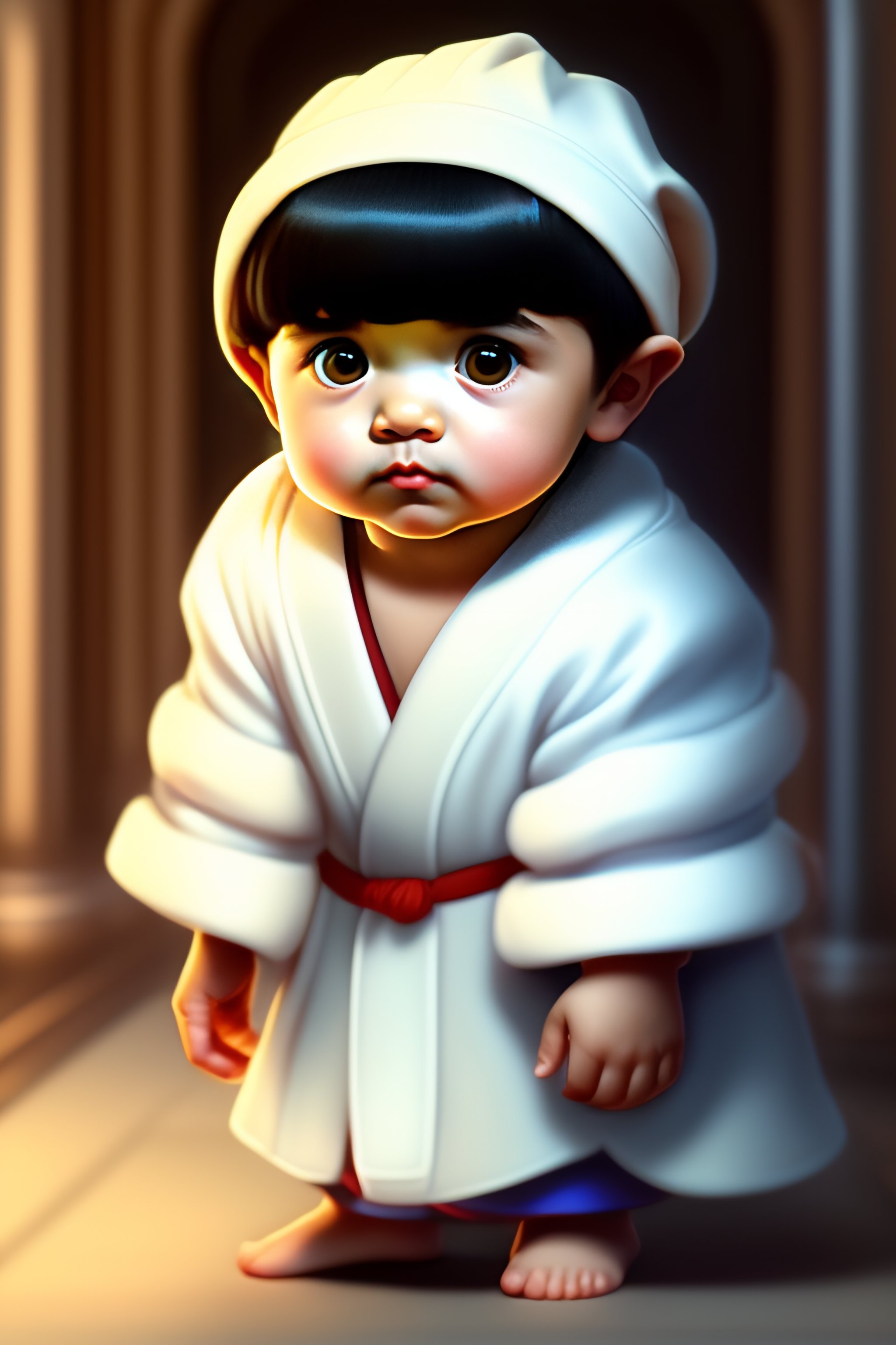 Lexica - Little poopy boy in robe and bowl cut hair, realism, pixar style