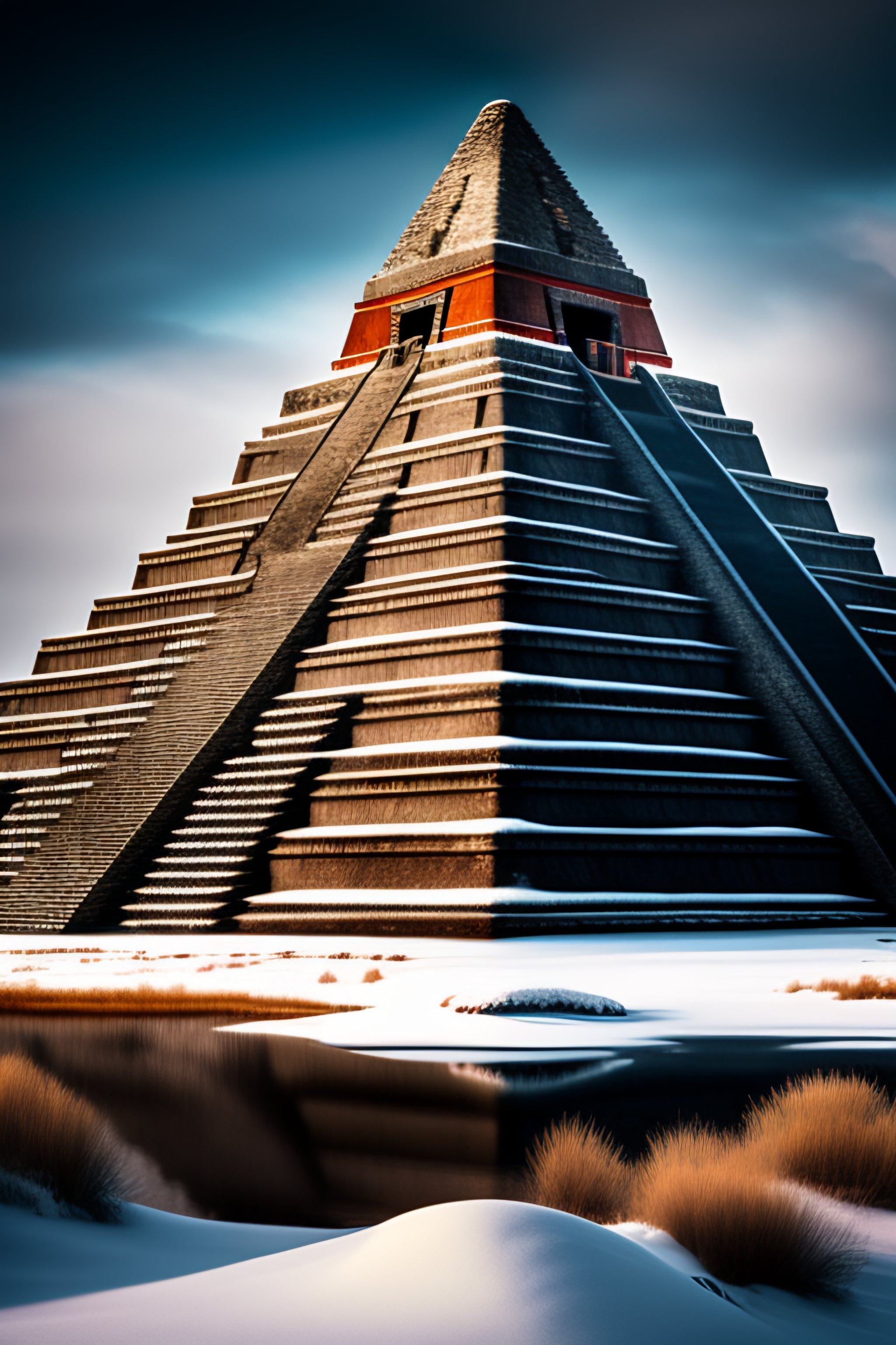 Lexica - Ancient Aztec pyramid in the snow realistic clowdy day photo ...