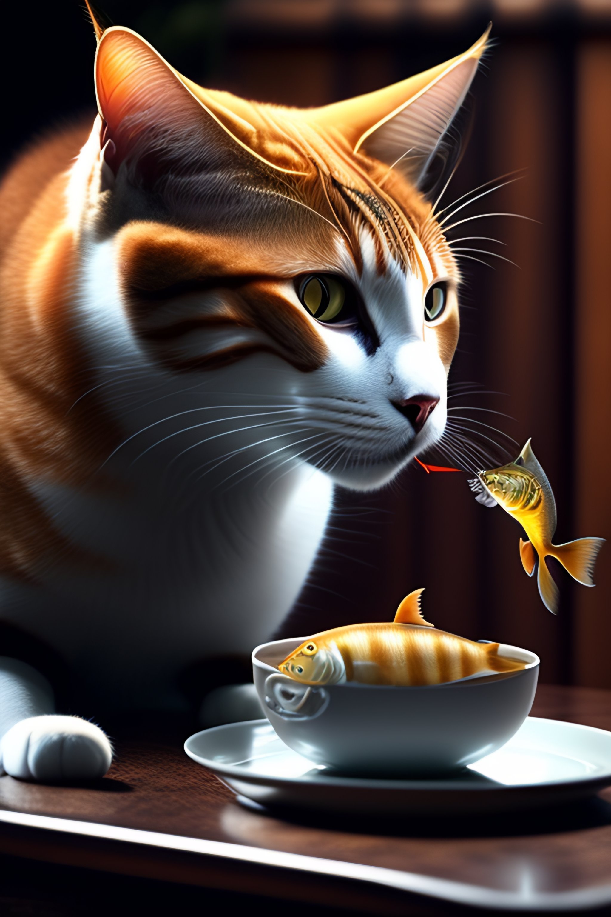 Lexica - A cat eating fish near batman