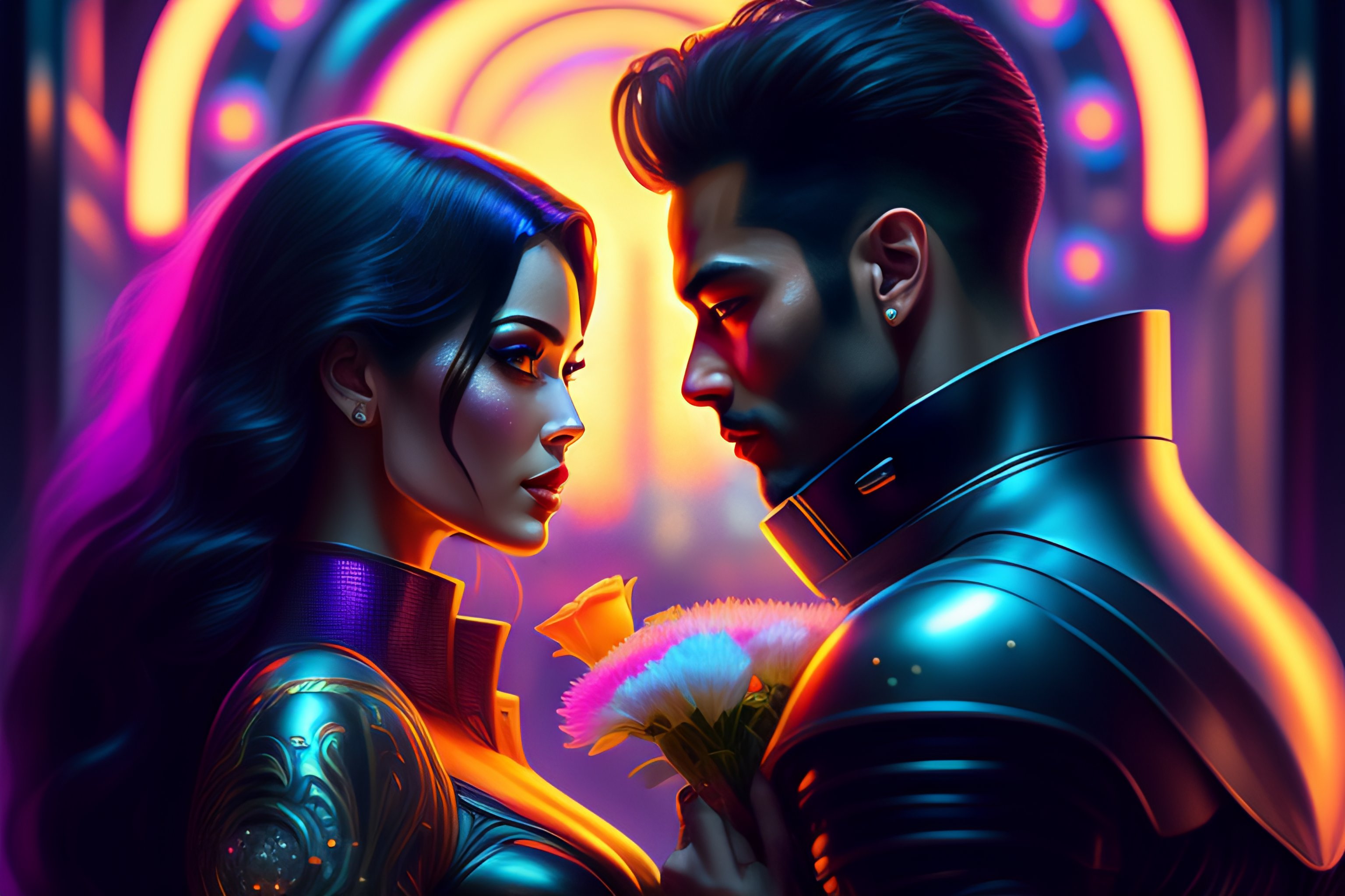 Lexica - An android man gives a bouquet of flowers to a beautiful human ...