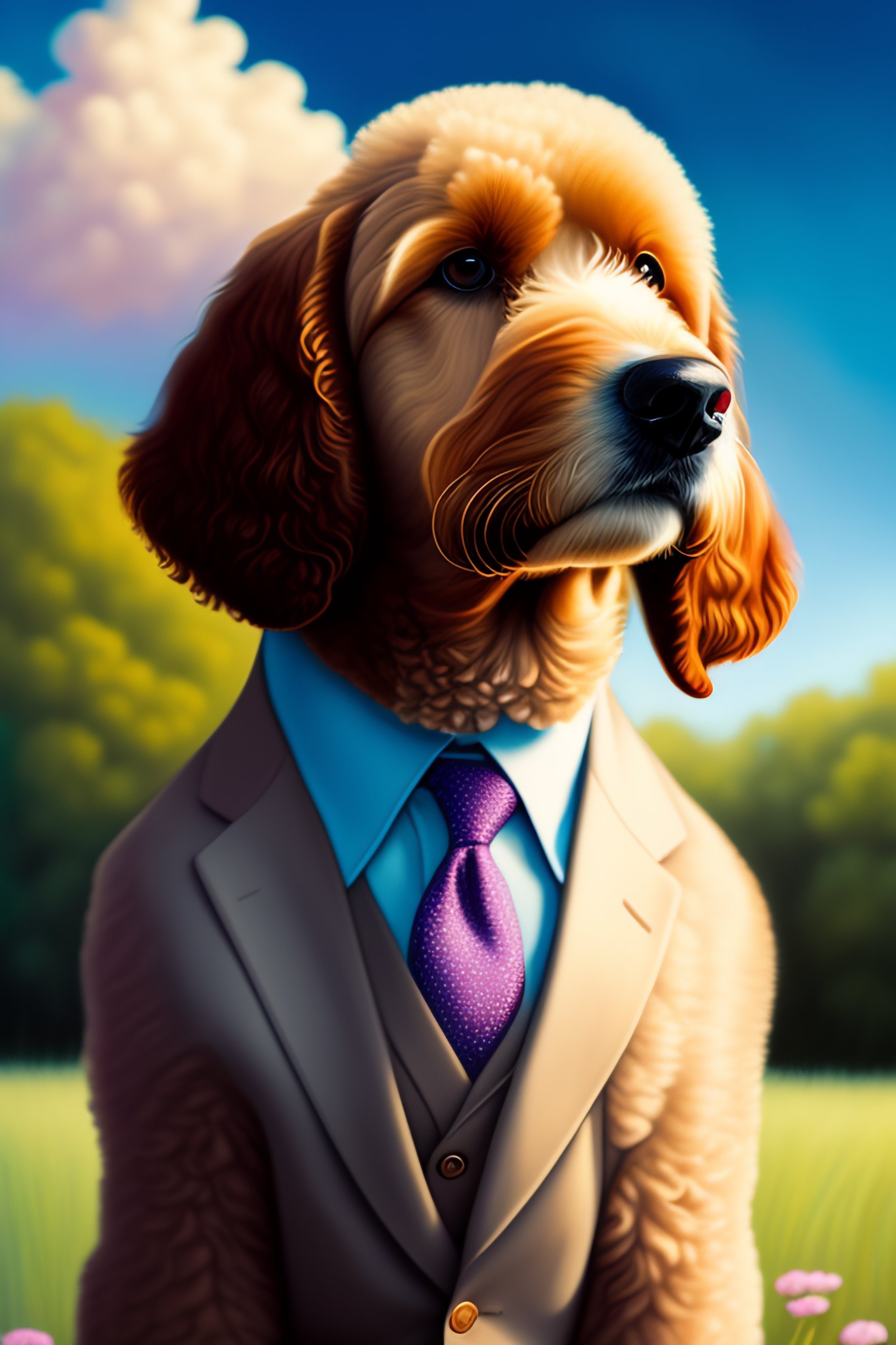 Lexica - A painting of a cute goldendoodle wearing a suit, natural ...