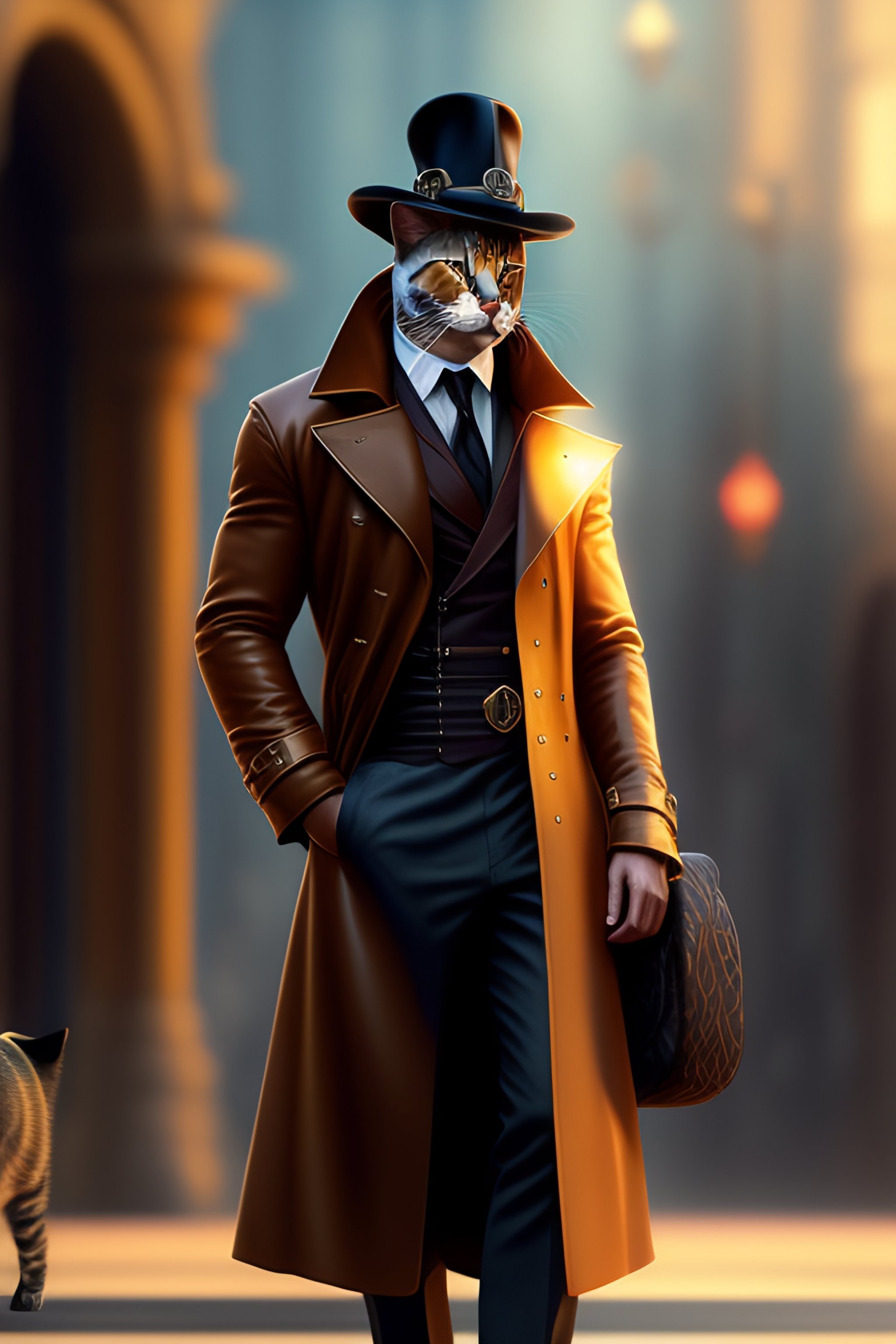 Lexica - Cat with a fedora and trench coat, matte fantasy painting ...