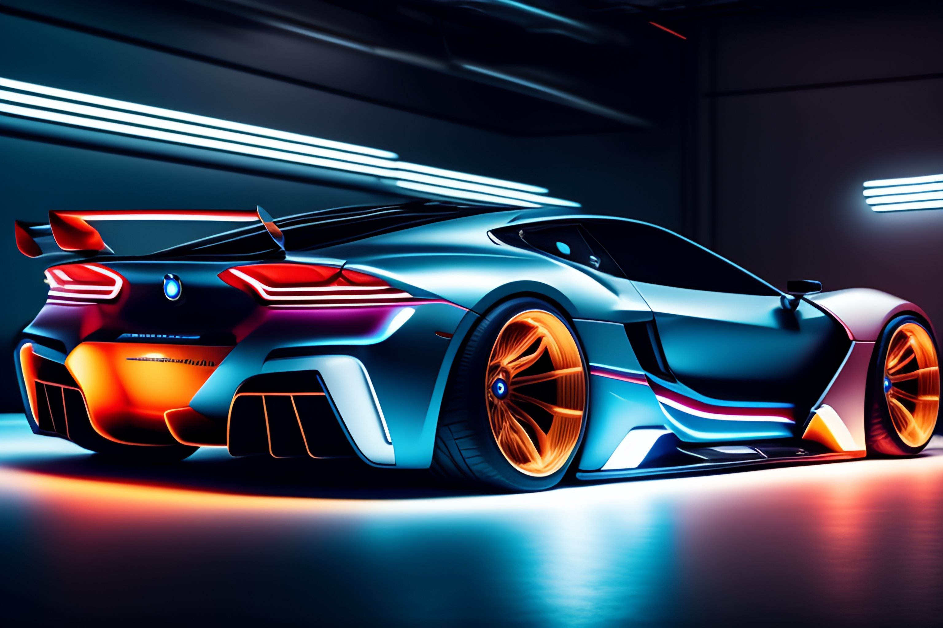 Lexica - BMW supercar with glowing graphics in BMW dealership