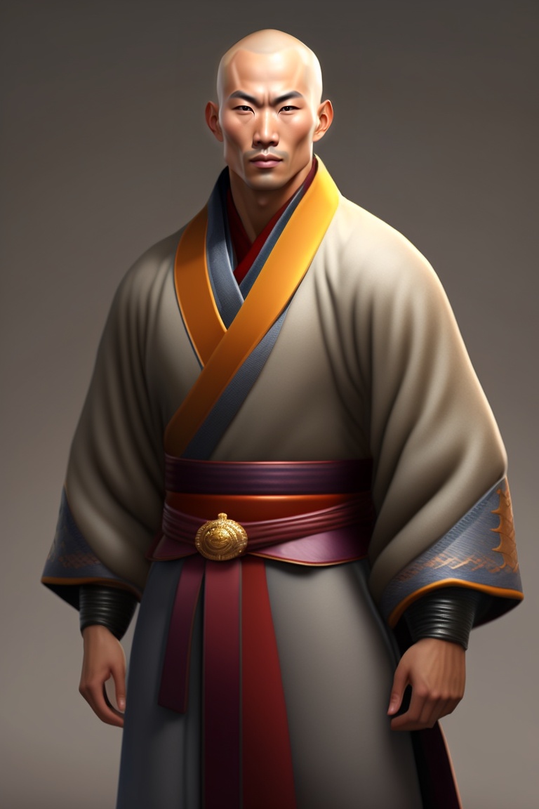Lexica - A Shaolin man , no hair , old outfit ,zoom above chest ...