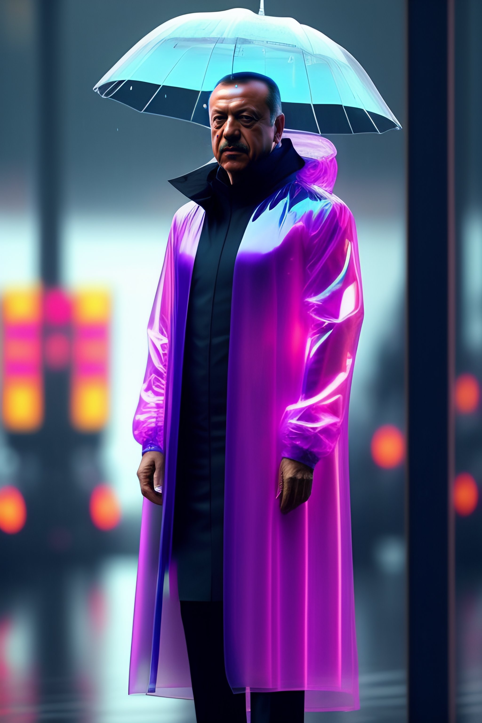 Lexica - Recep Tayyip Erdogan wearing transparent raincoat, cyborg ...
