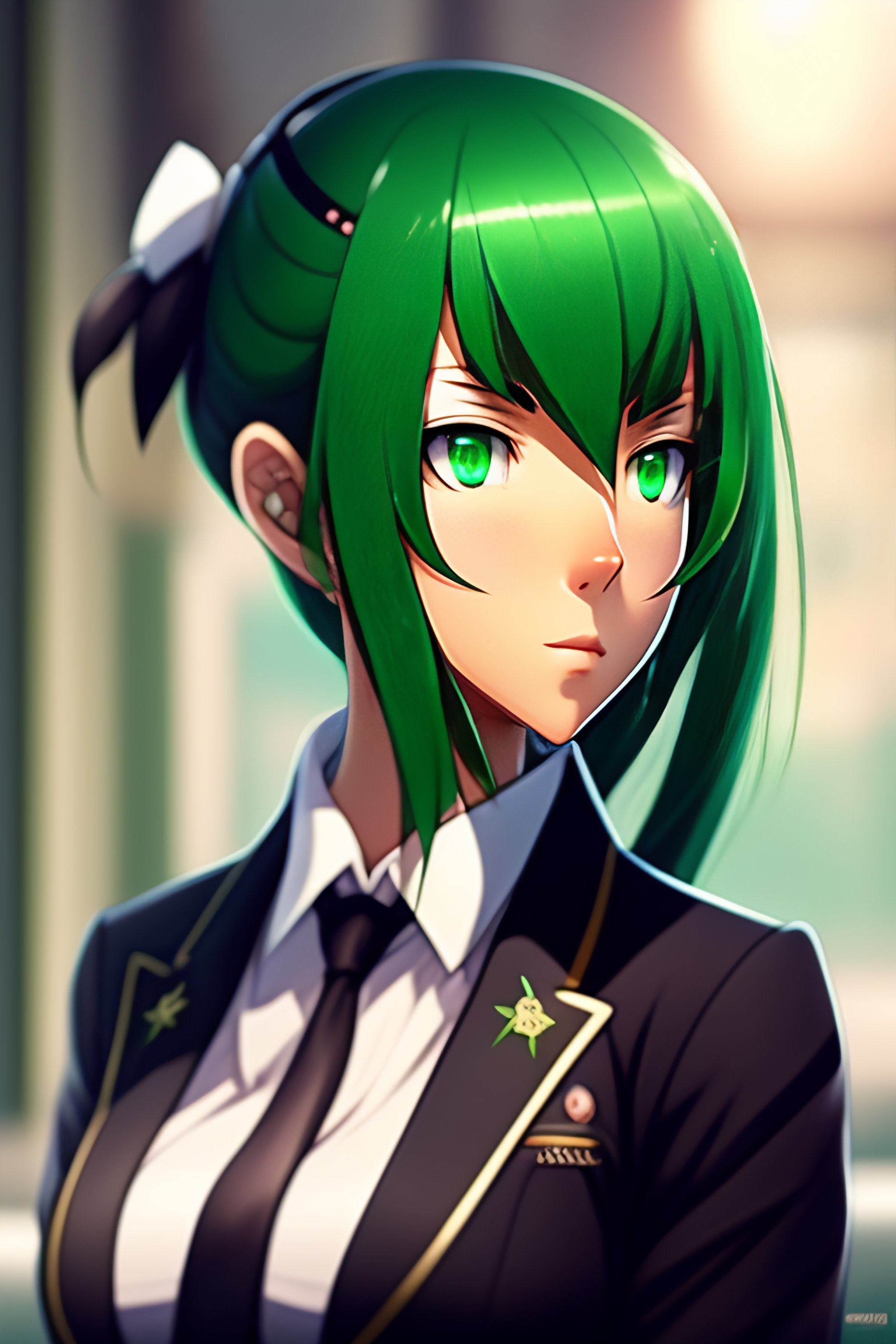 Lexica - Anime,light green hair pigtails,small smirk,black suit,short ...
