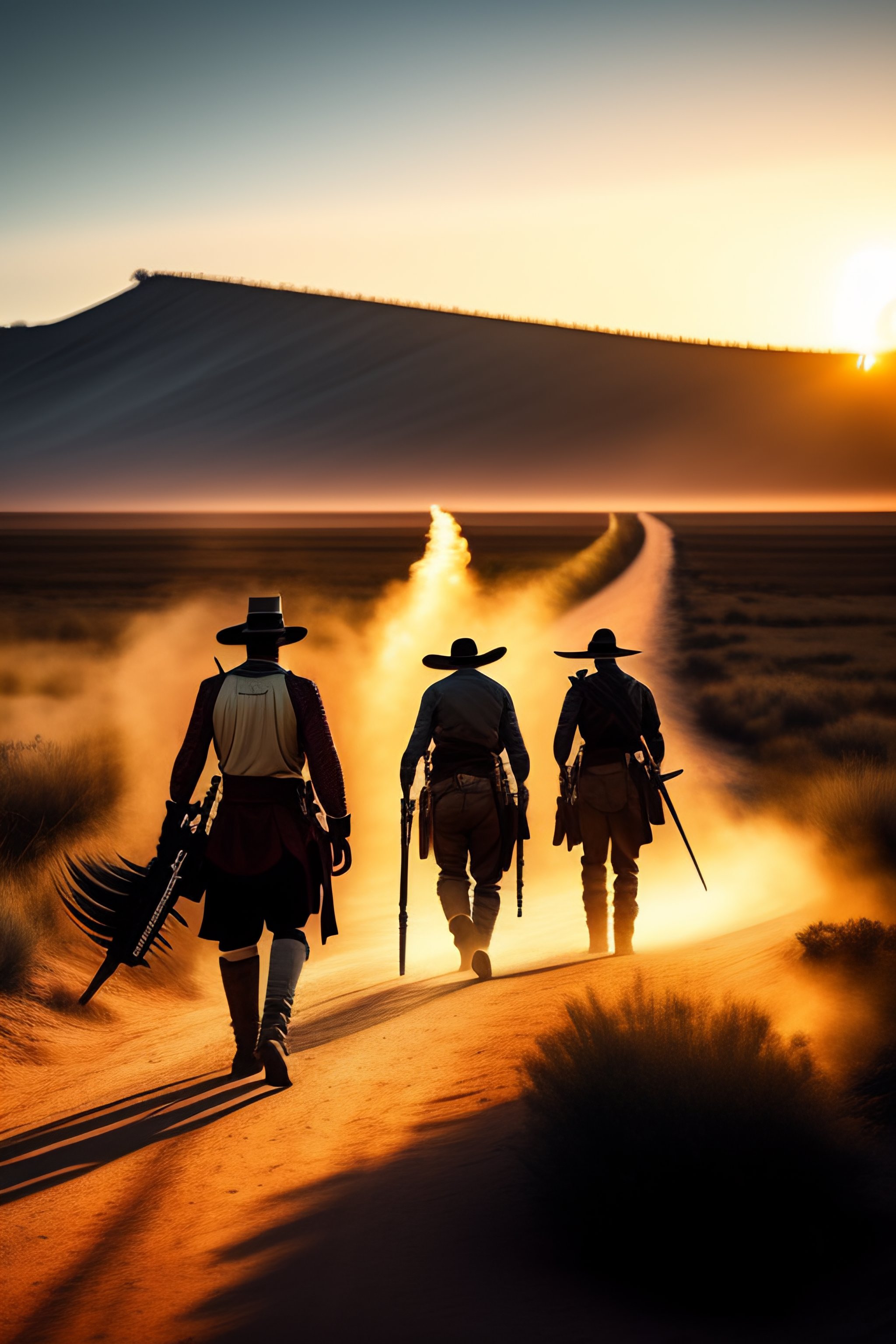 Lexica - Gang of outlaws walking into the sunset with their weapons drawn