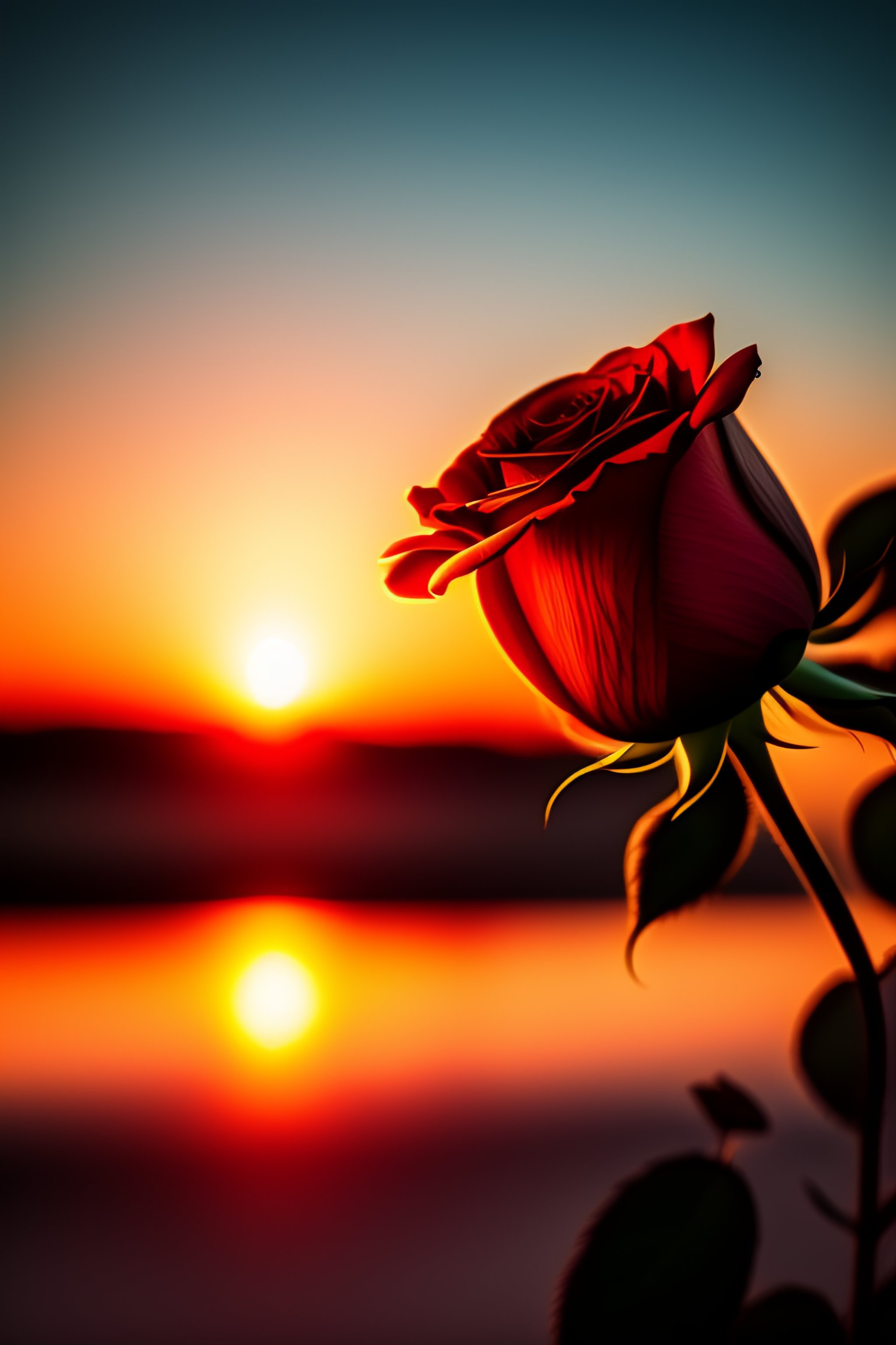 Lexica - One red rose, the rose is with sunset view behind, full screen, 4k