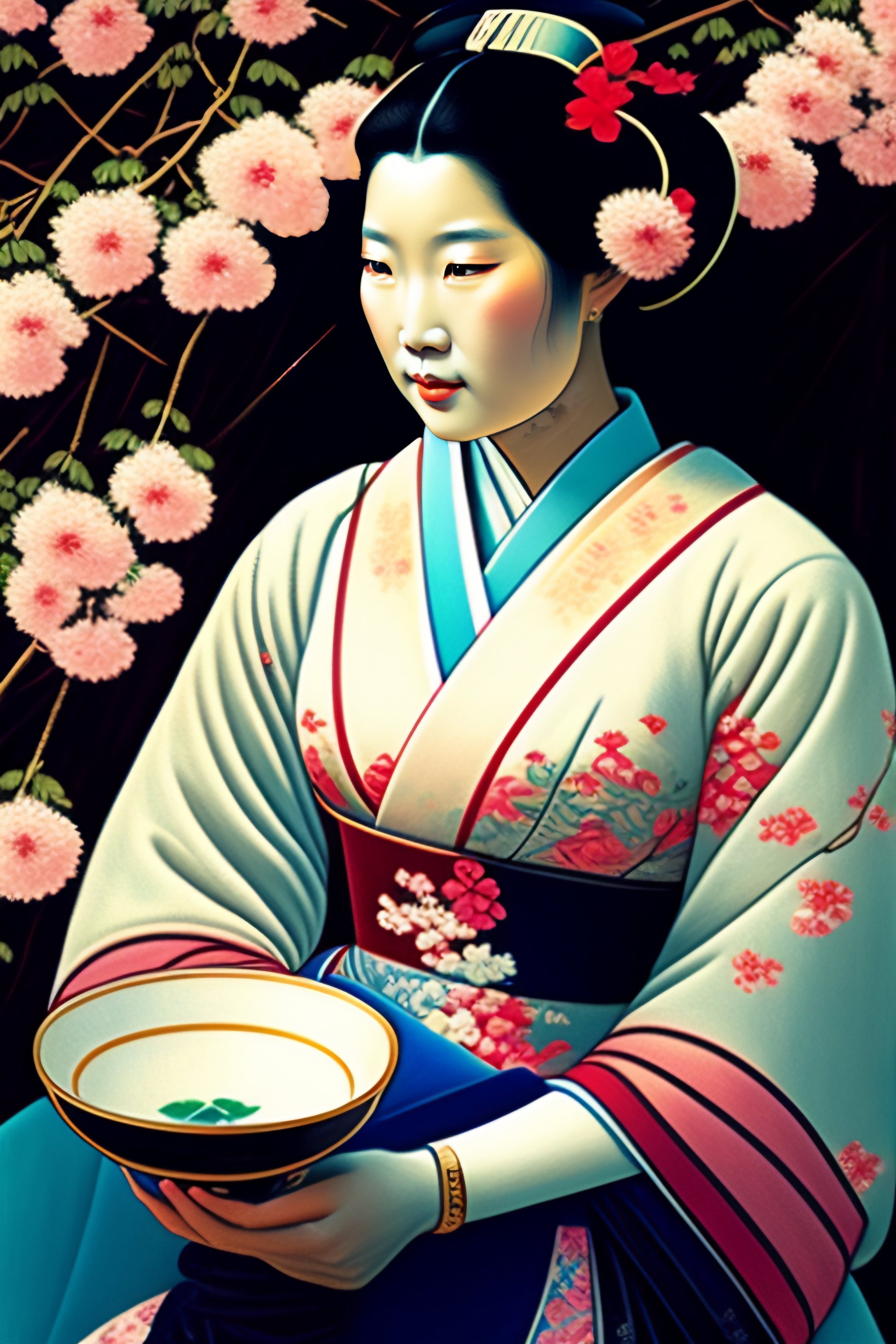 Lexica - LINE DRAWING OF A GEISHA WITH DELICATE HANDS HOLDING A CUP OF ...