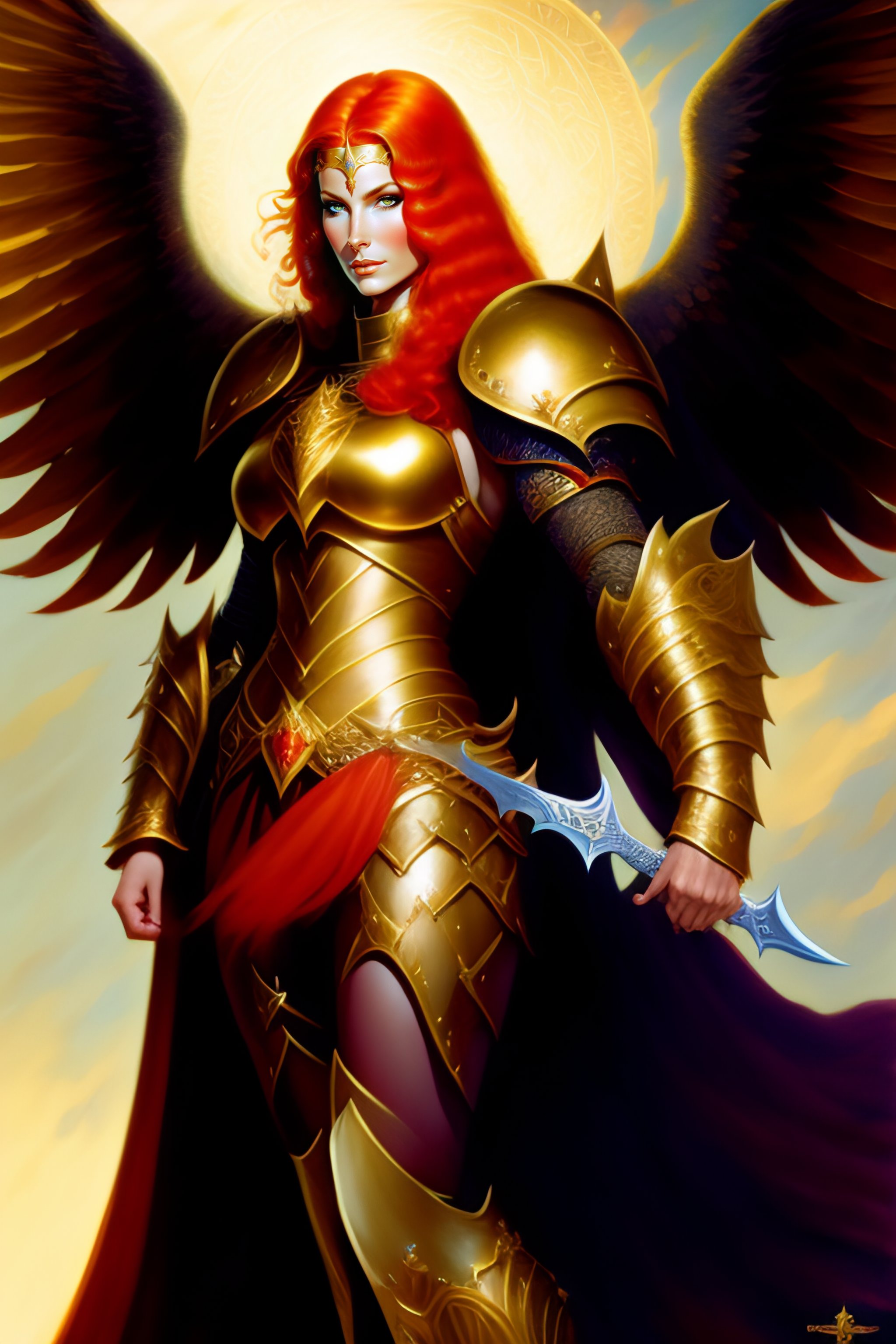 Lexica - Full body photo of Female paladin, red hair, golden eyes, fair ...