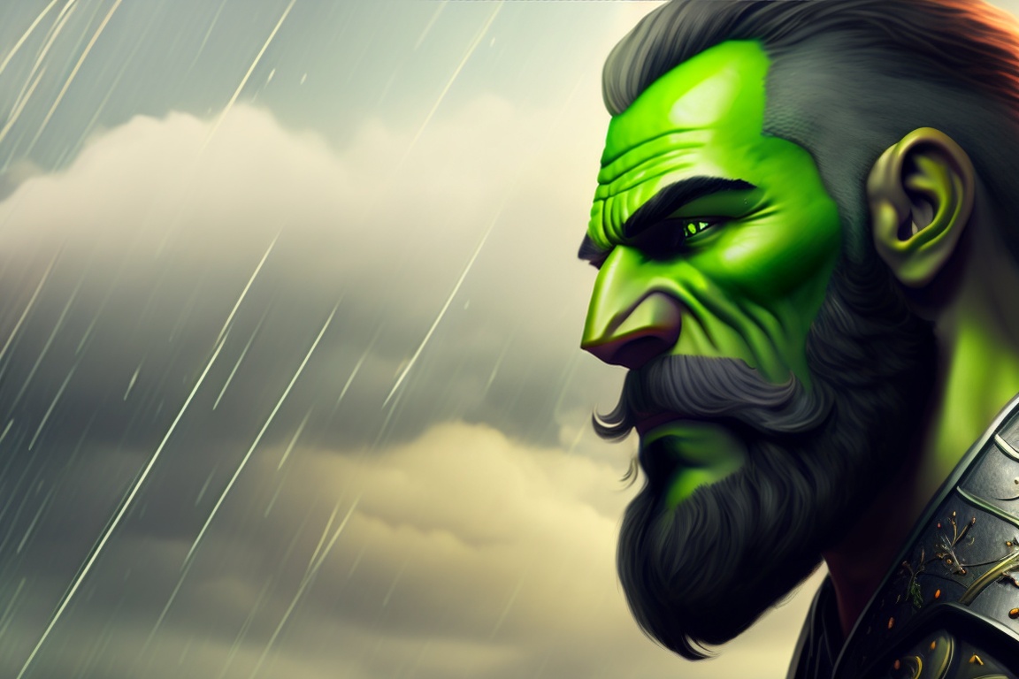 Lexica - Orc with green skin,green nose,with viking beard in the rain ...