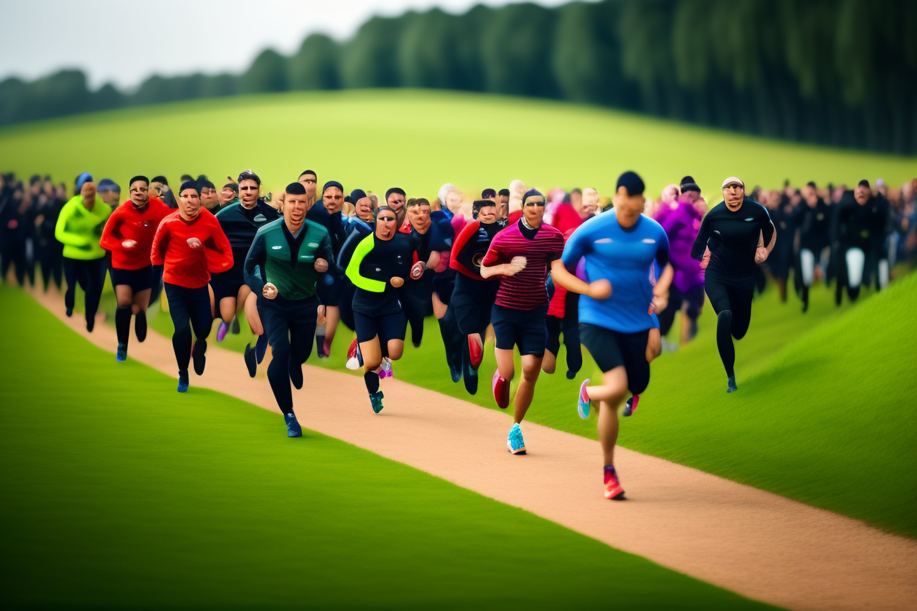 Lexica - Background full of people chasing, front view, green grass ...