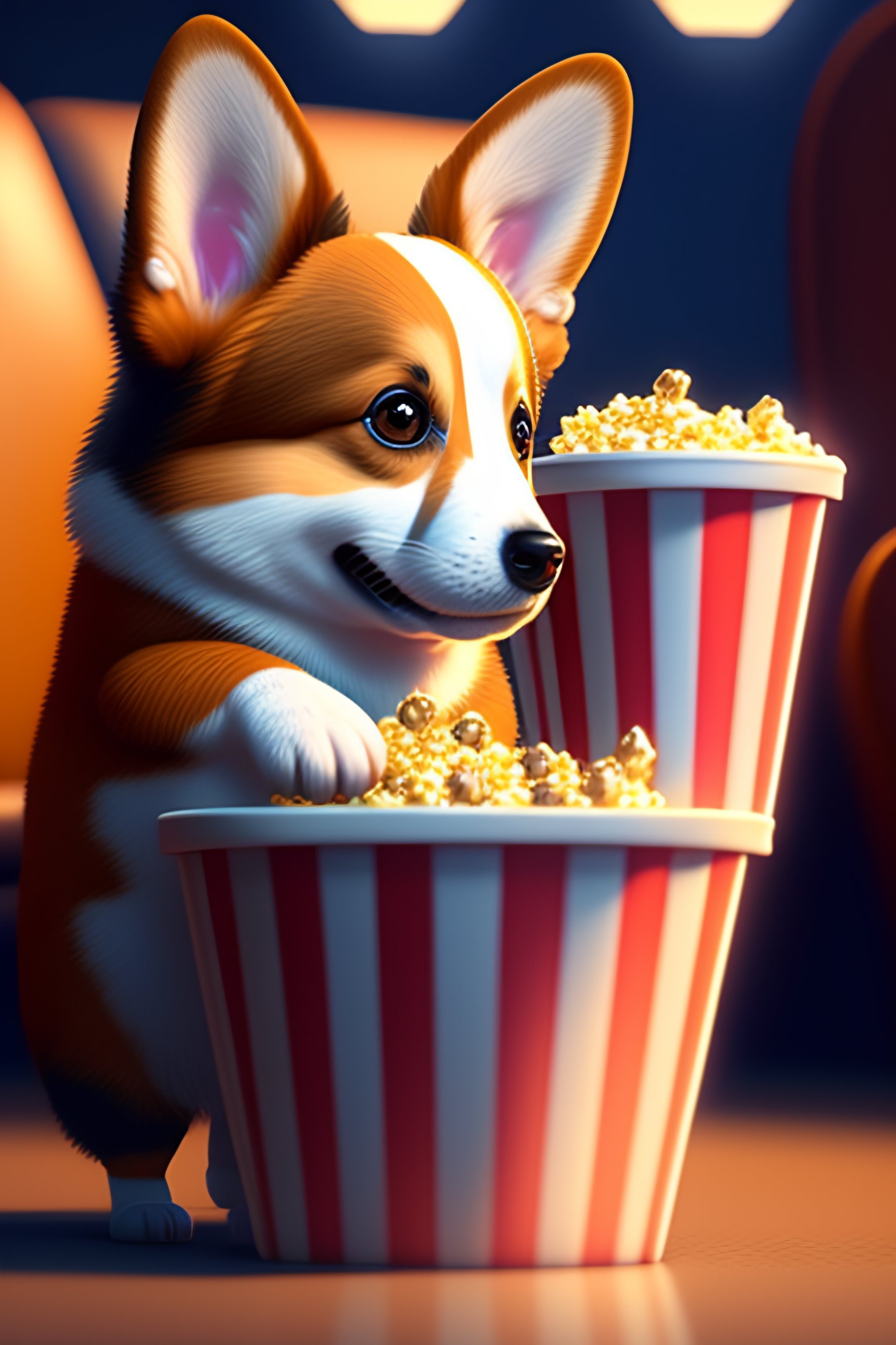 Lexica - Cute small humanoid corgi sitting in a movie theater eating ...