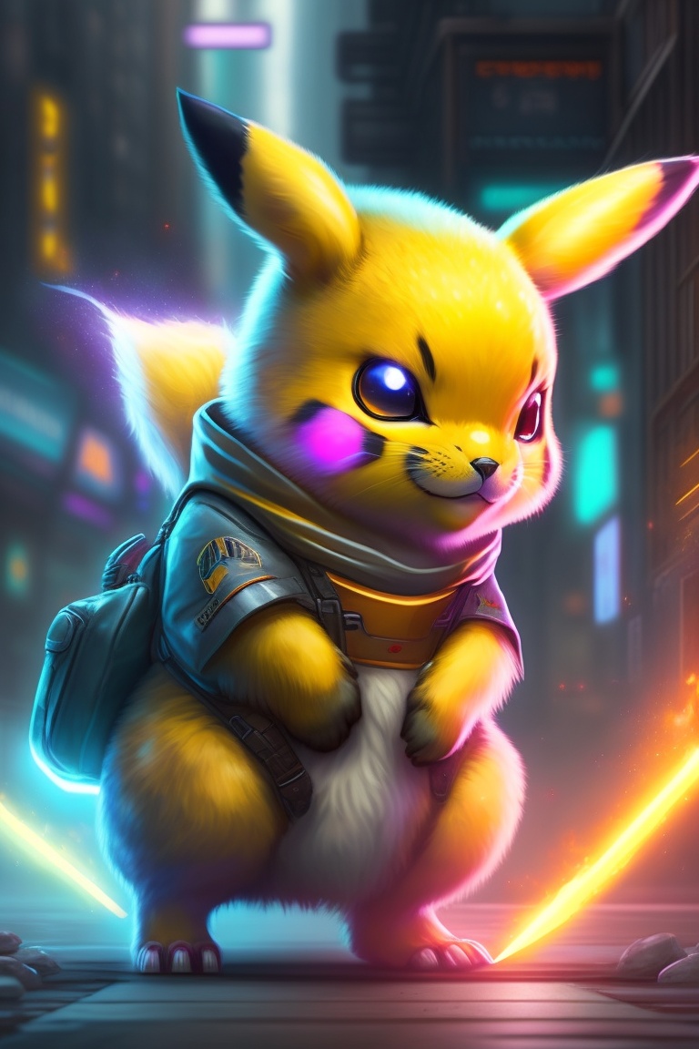 Lexica - Pikachu,hard lighting, cyberpunk background