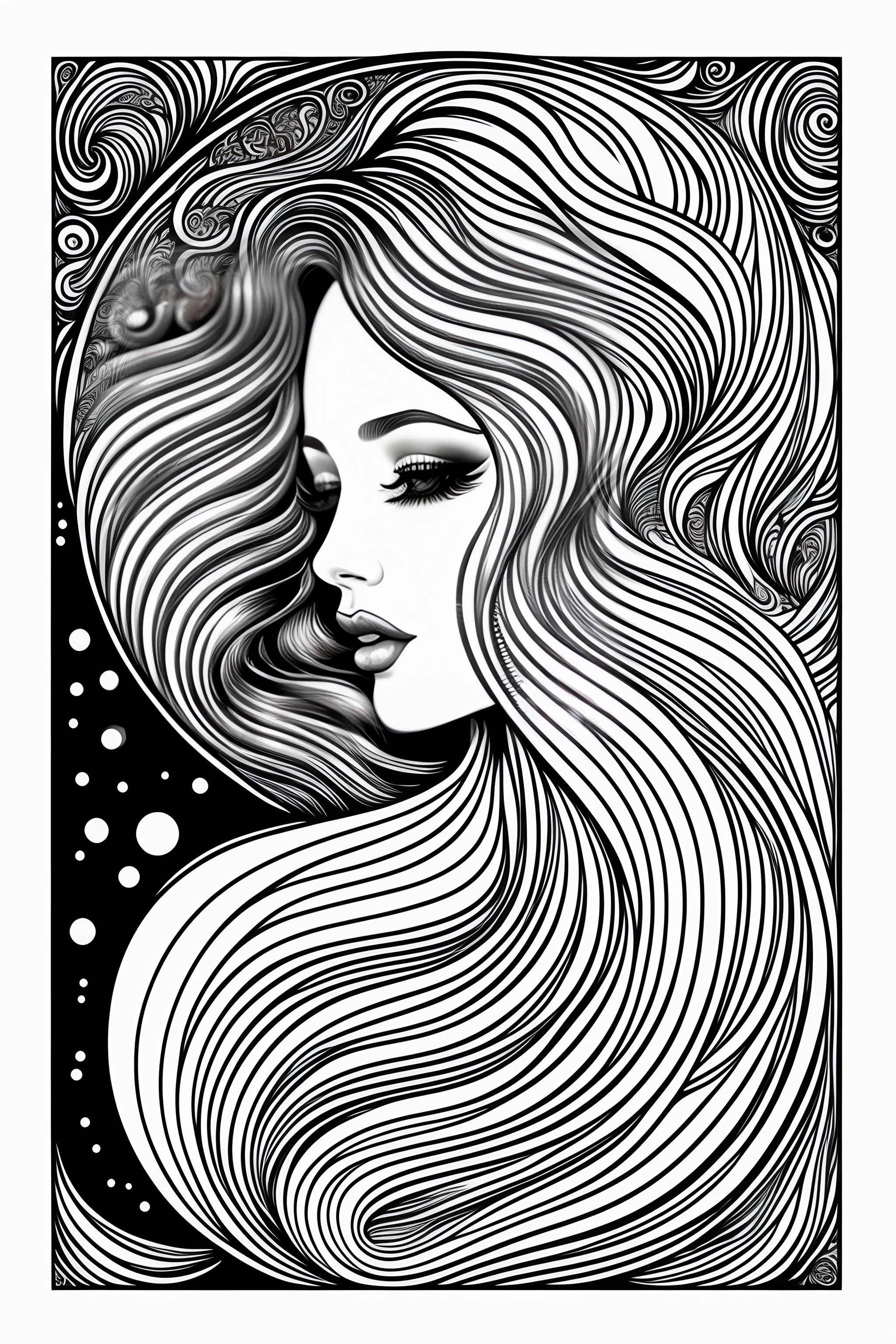 Lexica - A mermaid with long hair. black and white, wavey lines ...