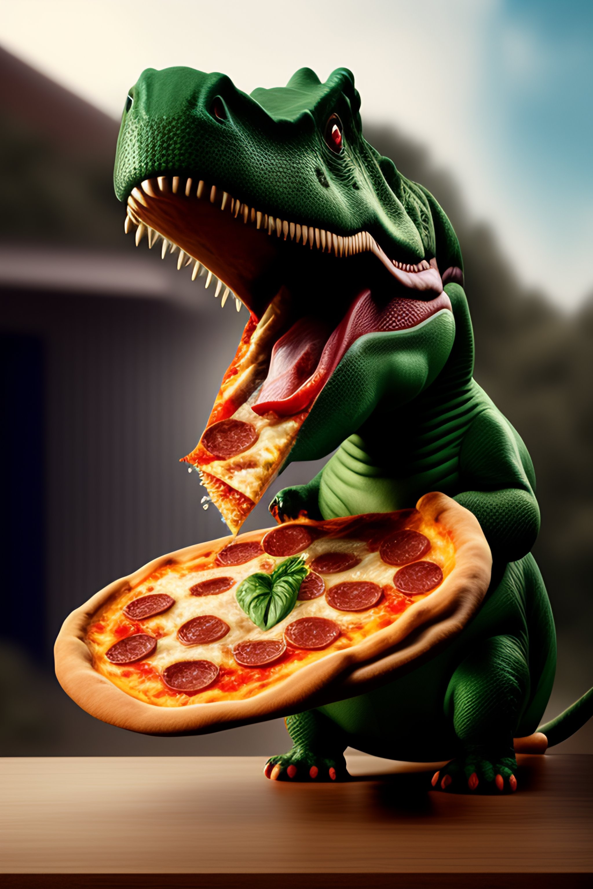 Lexica - Dinosaur eating pizza