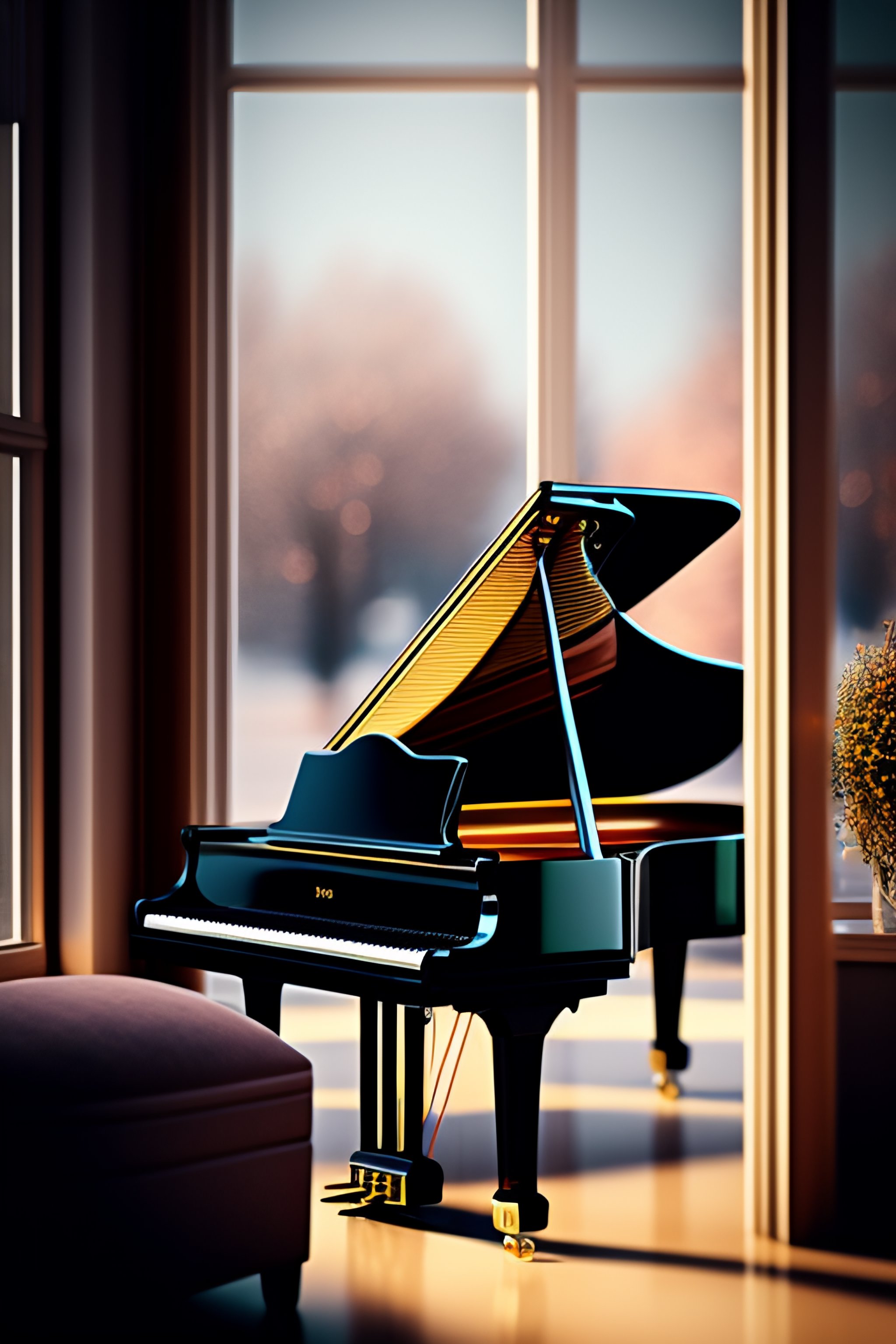 Lexica - Grand piano for sale in window of piano shop looking in from ...