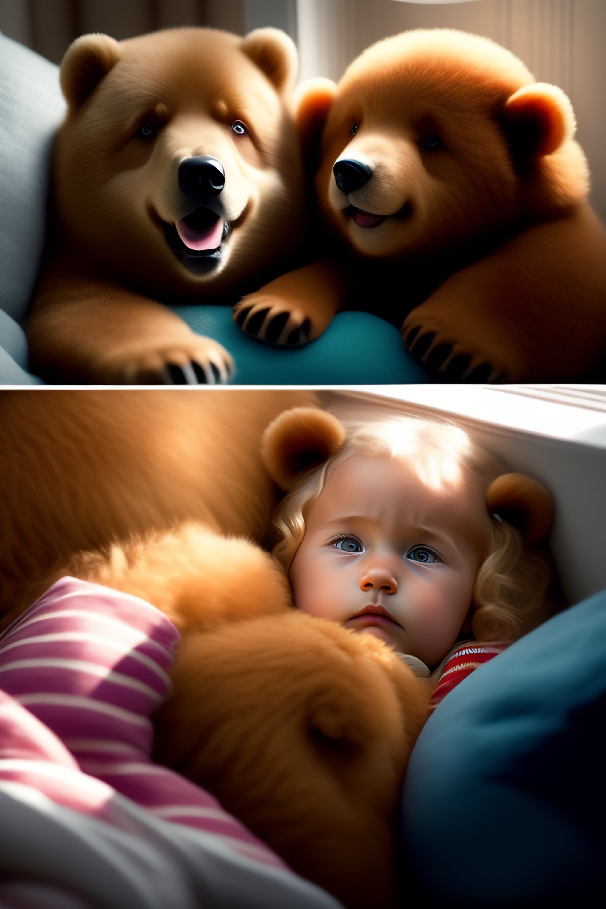 Lexica - Goldilocks waking up from a nap and seeing the three bears