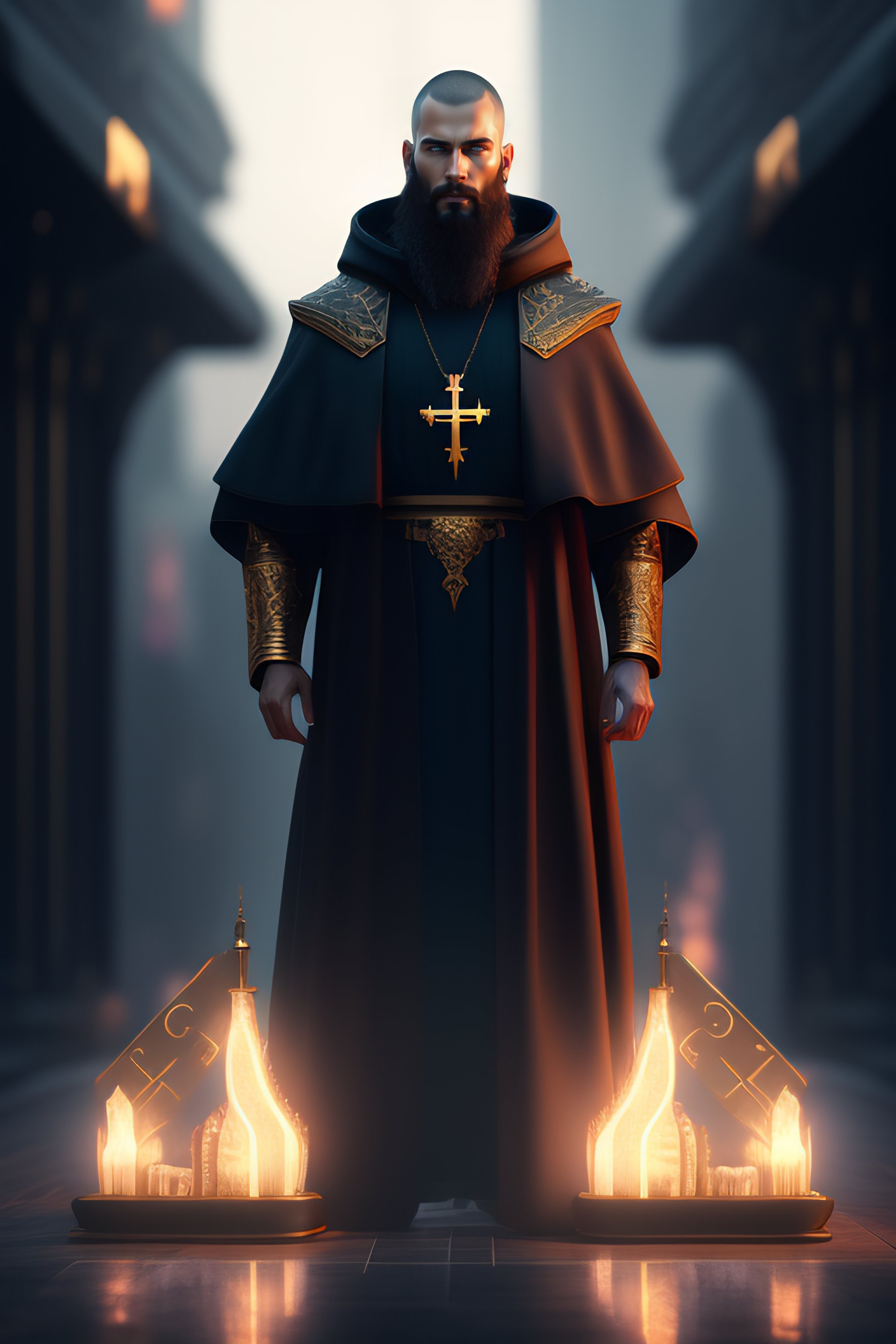 Lexica - Cyberpunk, orthodox monk, man, beard, cross, bible, fire ...