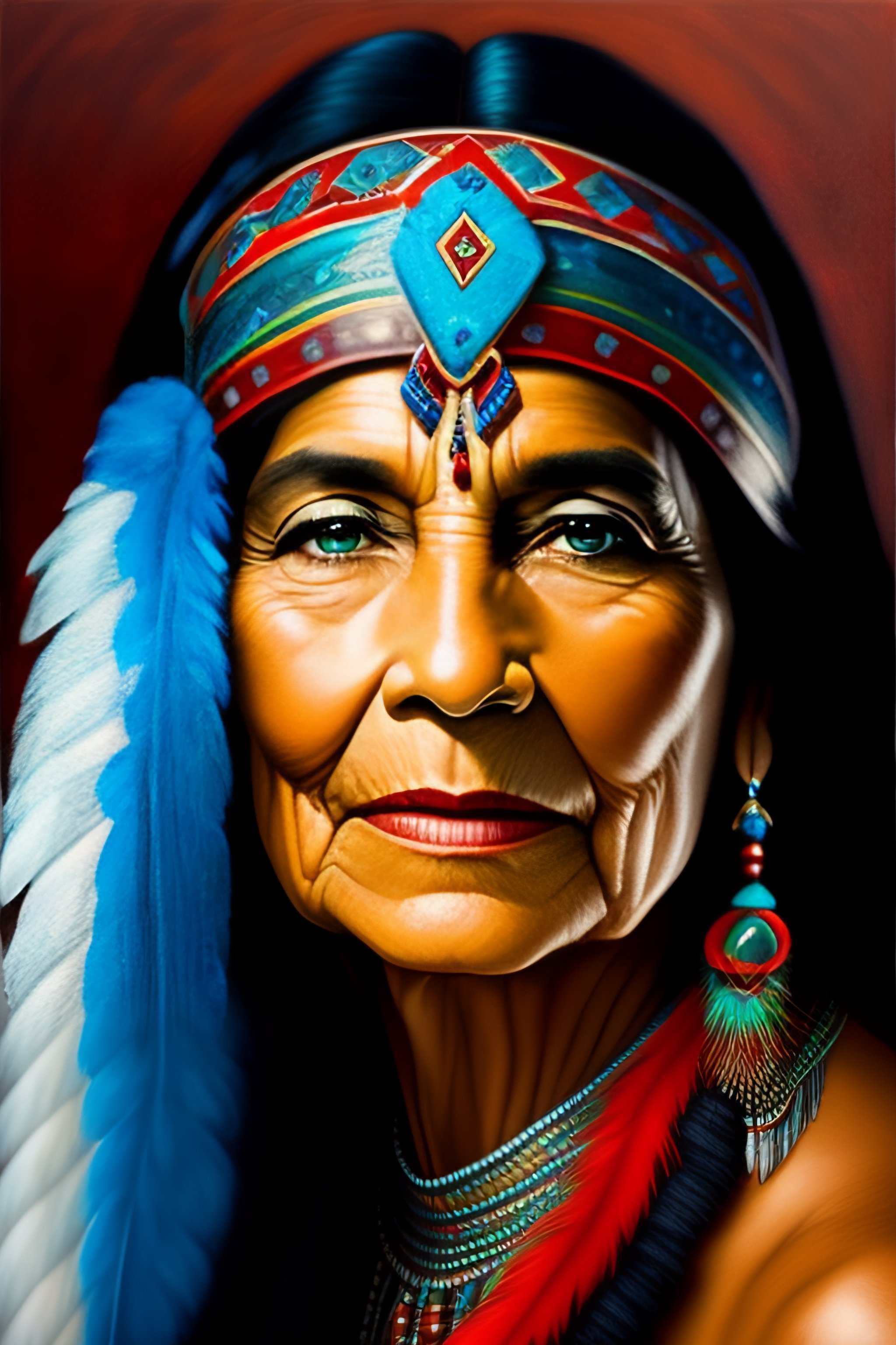 Lexica - Lakota senior elder portrait, beautiful blue turquoise feather ...
