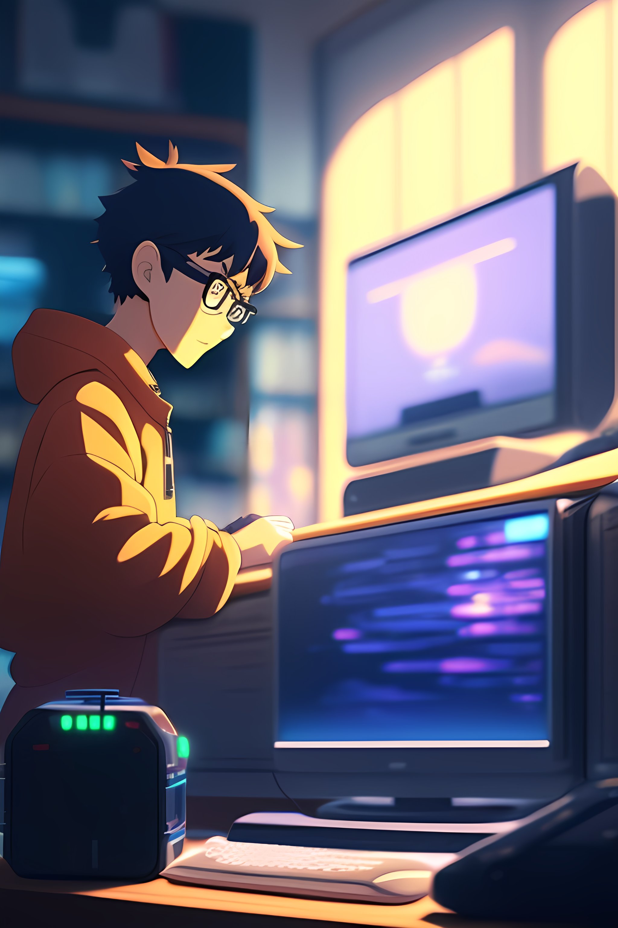 Lexica - A nerdy boy is programming at a computer in a room full of ...