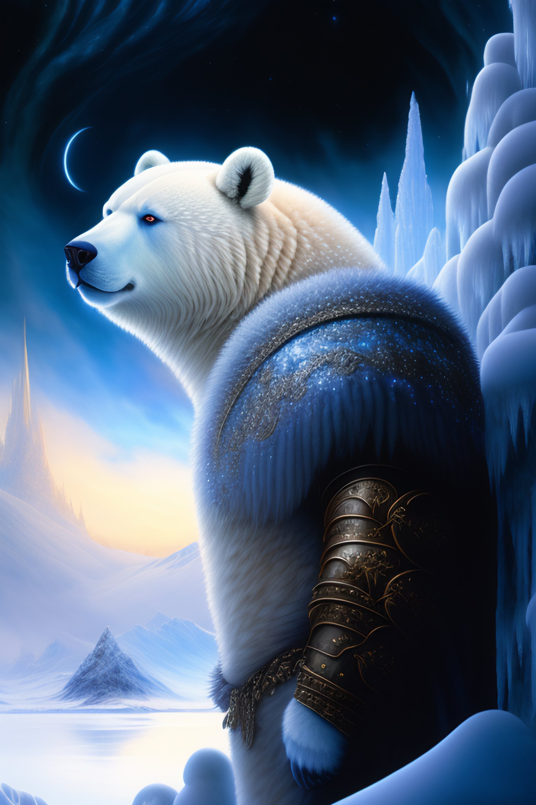 Lexica - Ice land scenery, a male ice bear with armor , a dark galaxy ...
