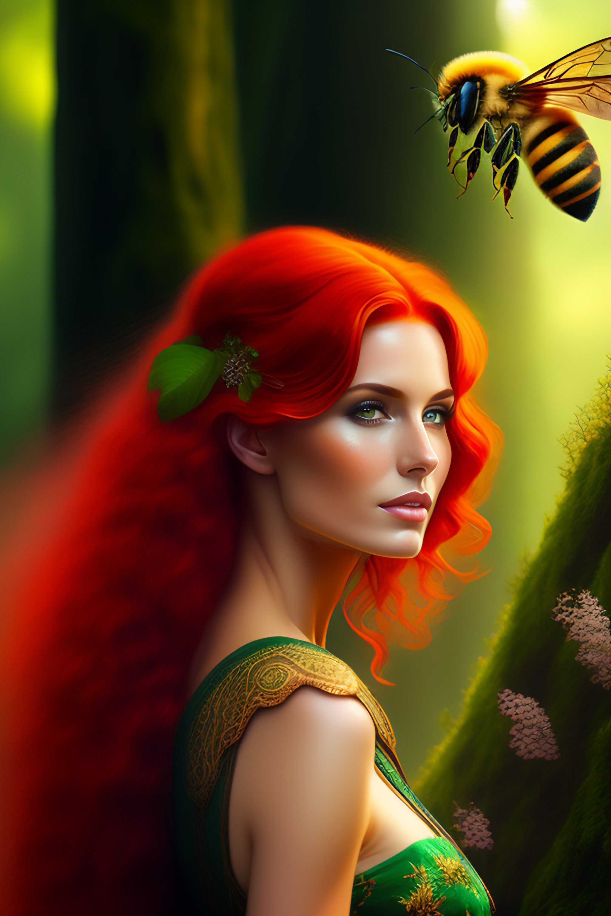 Lexica - Red hair woman with her back turned and large bee, elegance, magic garden honeybee hive ...