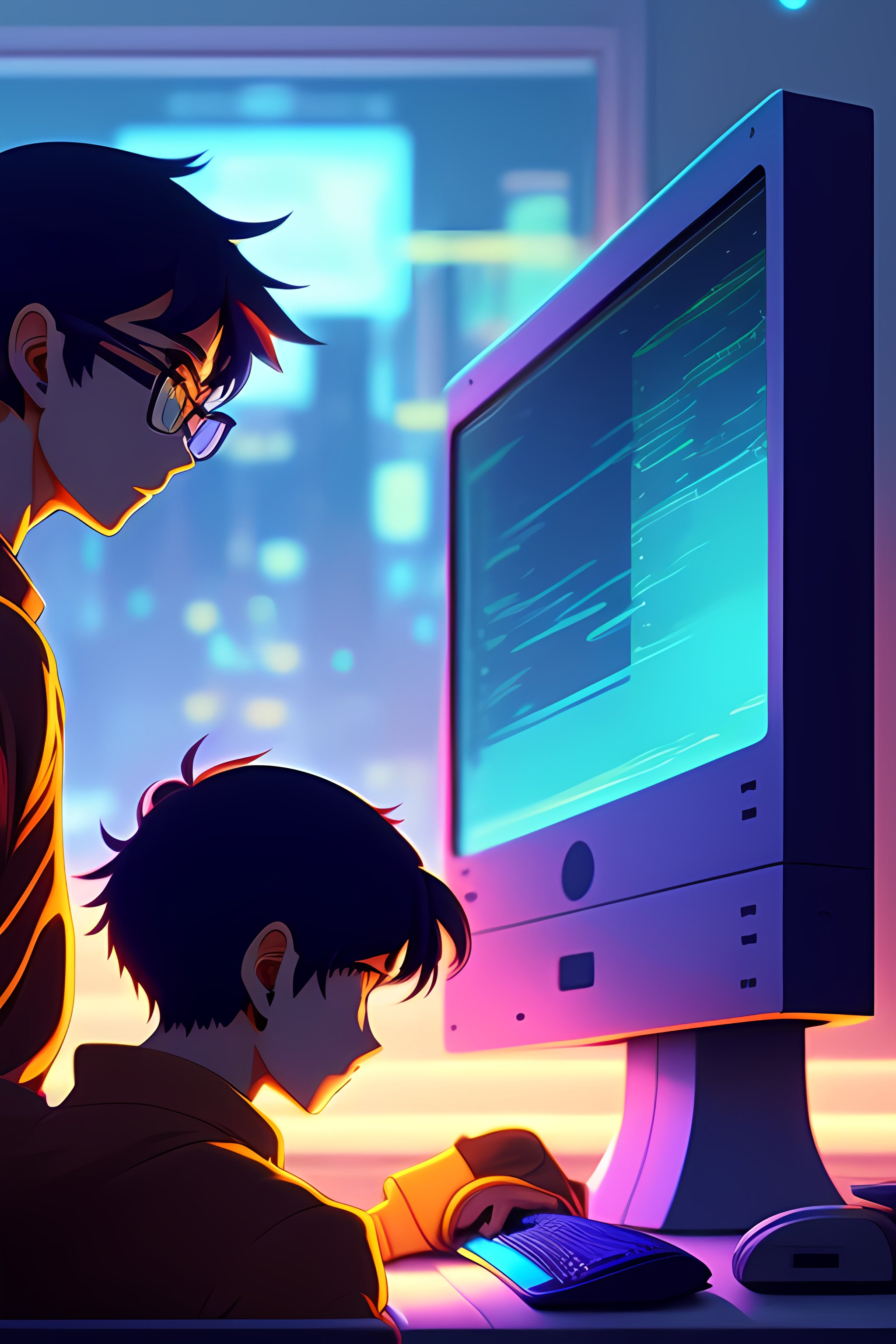 Lexica - 1 nerdy boy is programming at a Apple Mac computer in a room ...