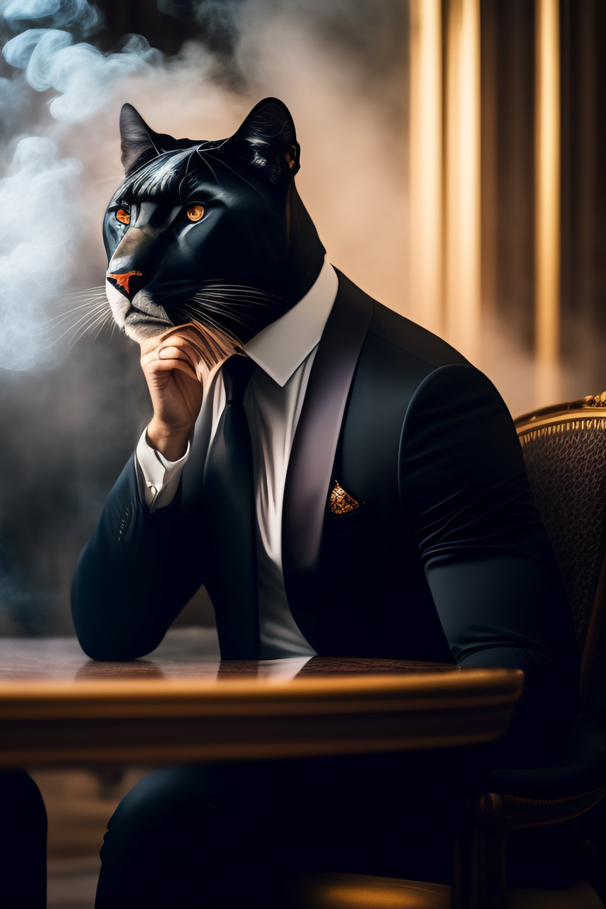 Lexica - Elegant panther, black suit, smoking a very smoky cigarette ...