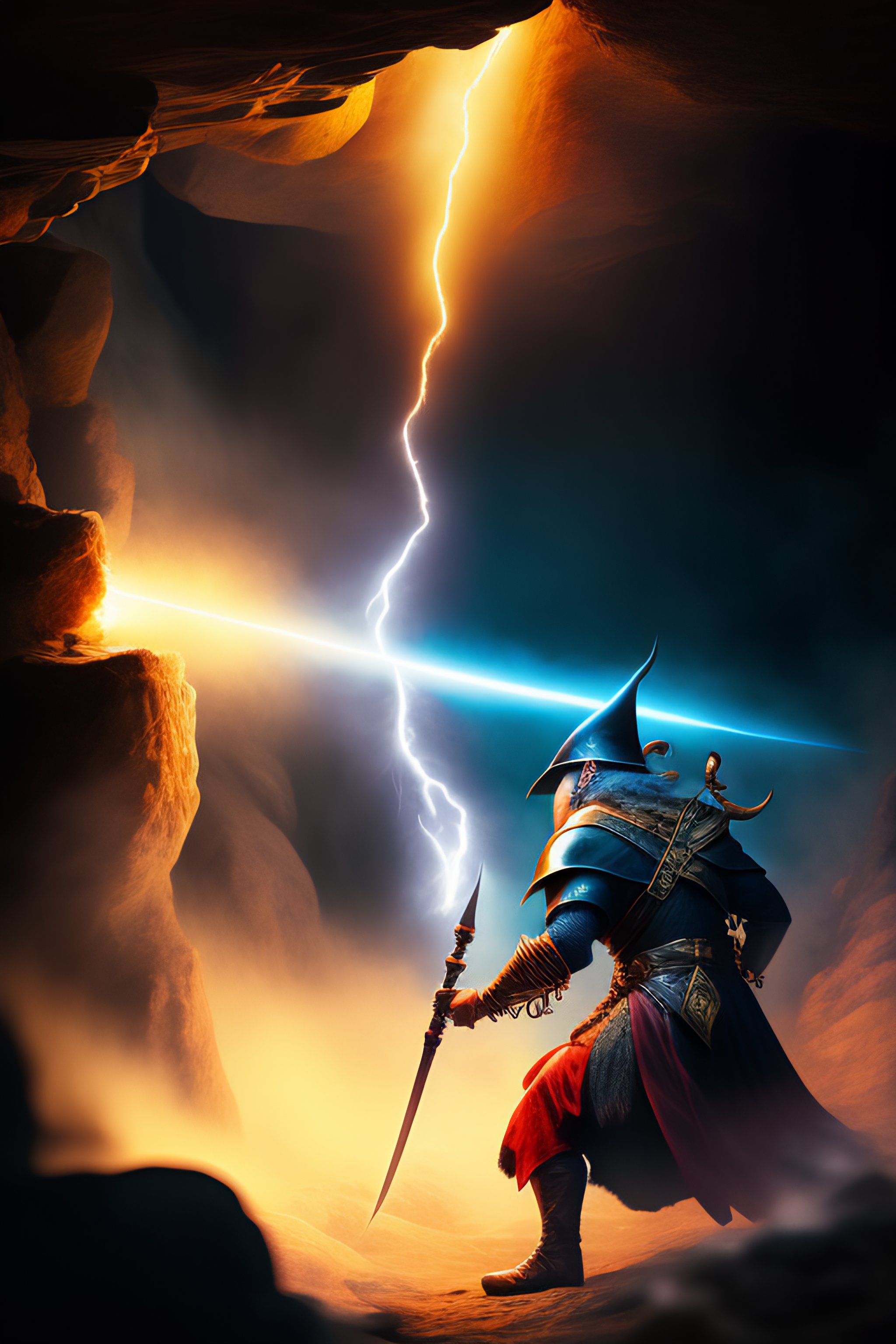 Lexica - Wizard with a staff fightning versus orcs inside a cave ...