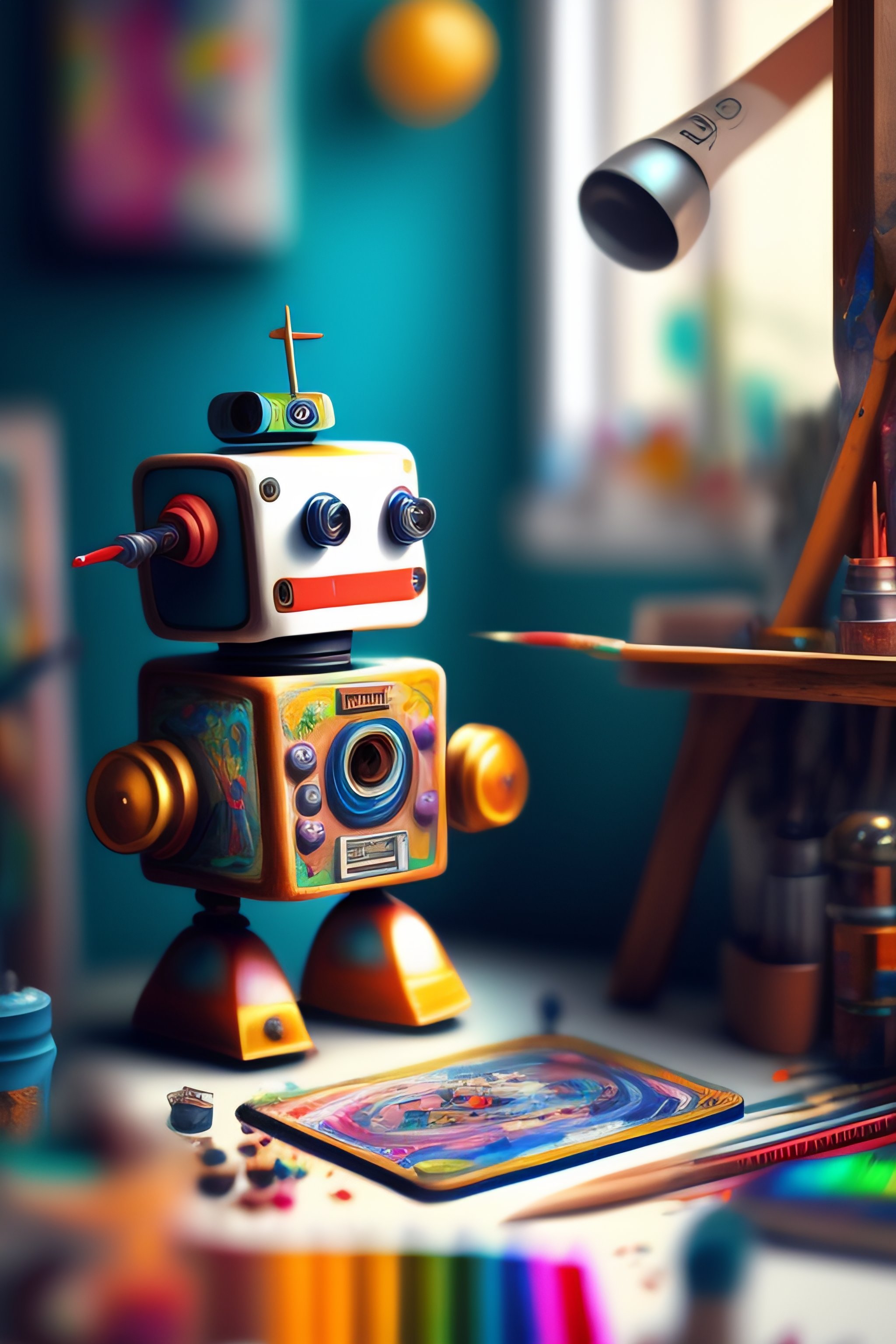 Lexica - A messy, chaotic artist's workshop, inside is a cute robot painting a picture. The ...