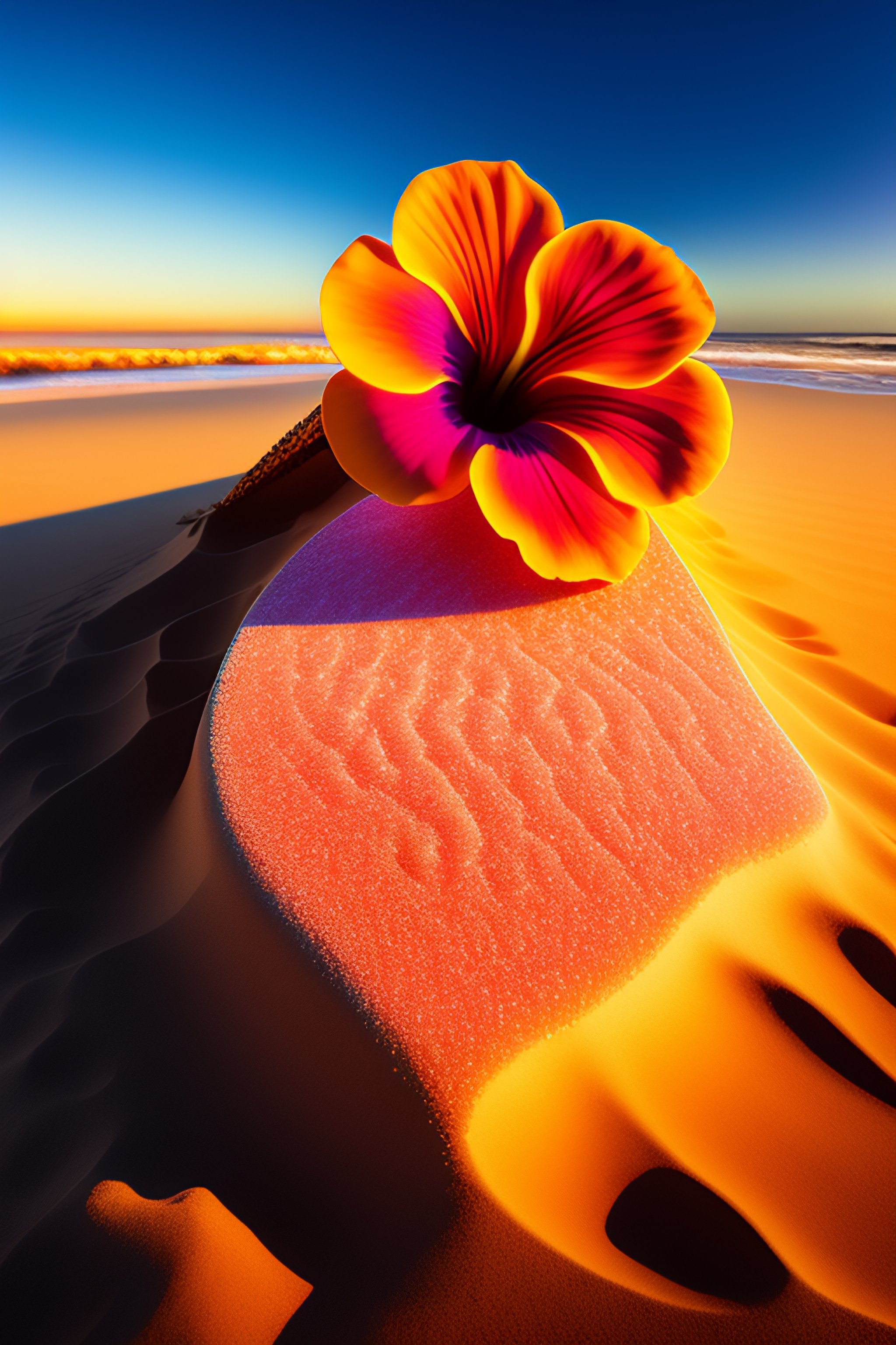 Lexica - Surfboard, hibiscus flower in the sand, waves, california ...