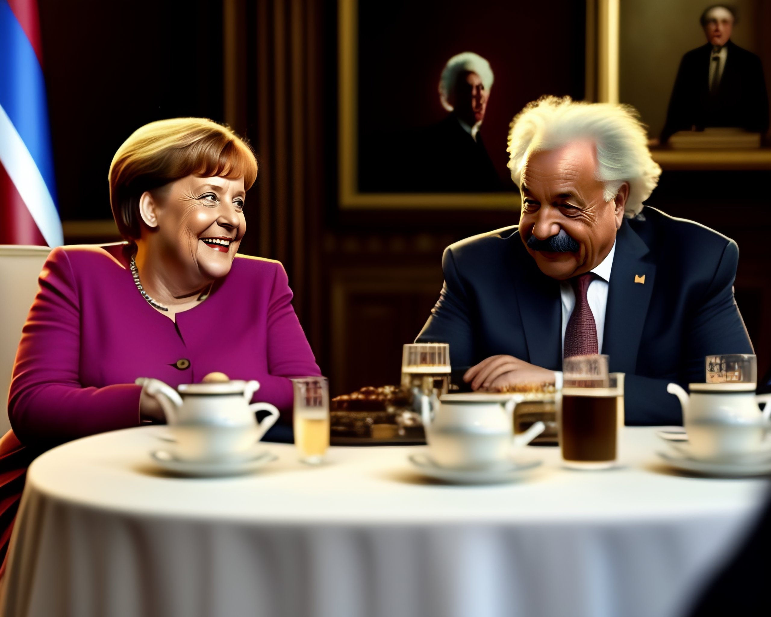 Lexica - Angela merkel and einstein in a room, laughing, tea on the table