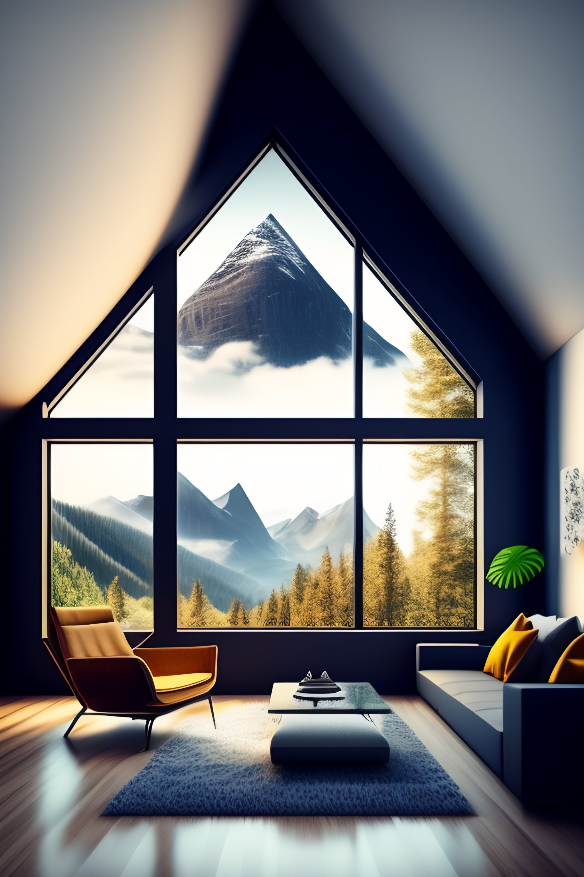 Lexica - Realistic, modern living room with big triangle windows and a ...