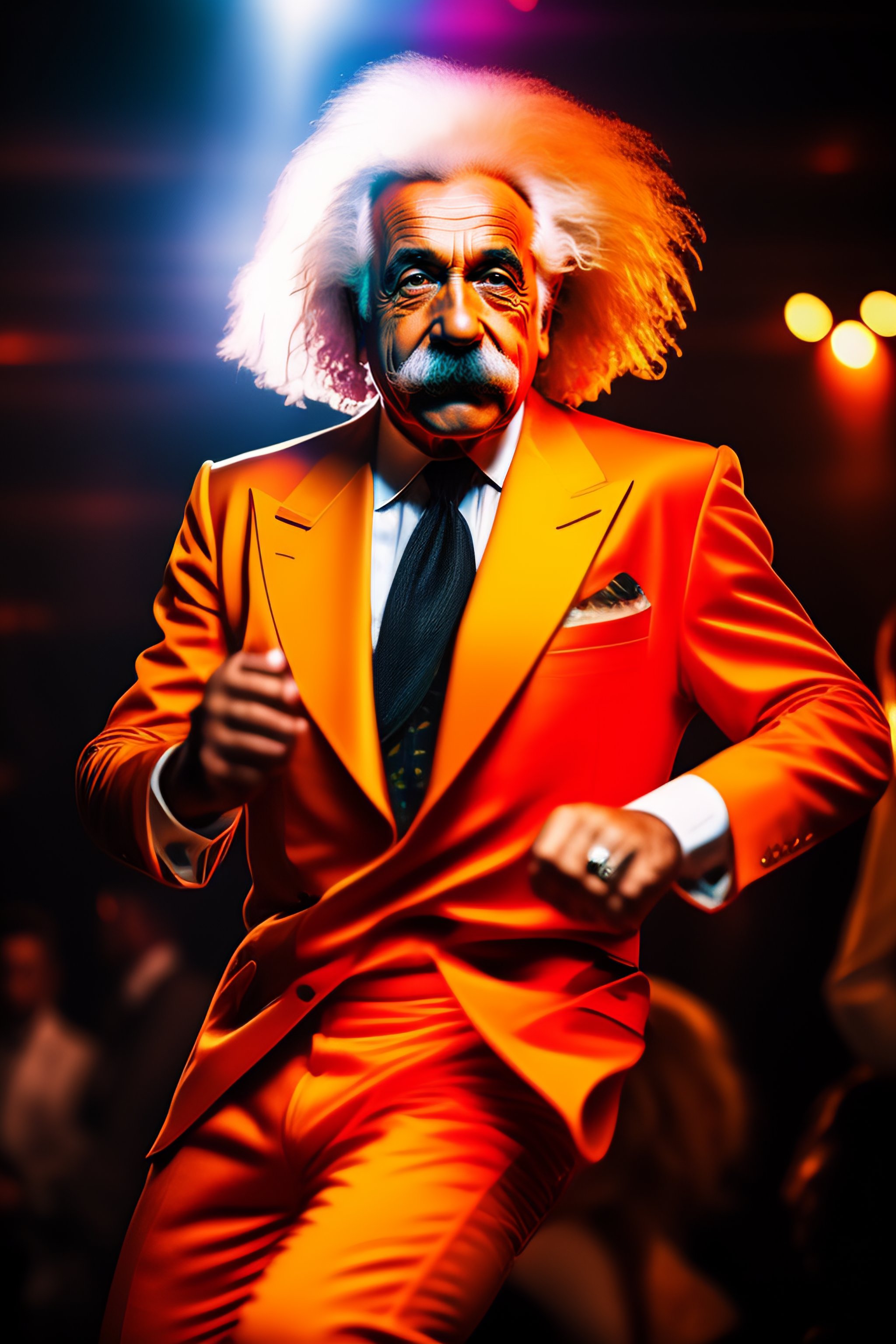 Lexica - A portrait of einstein dancing in a club wearing orange pants ...