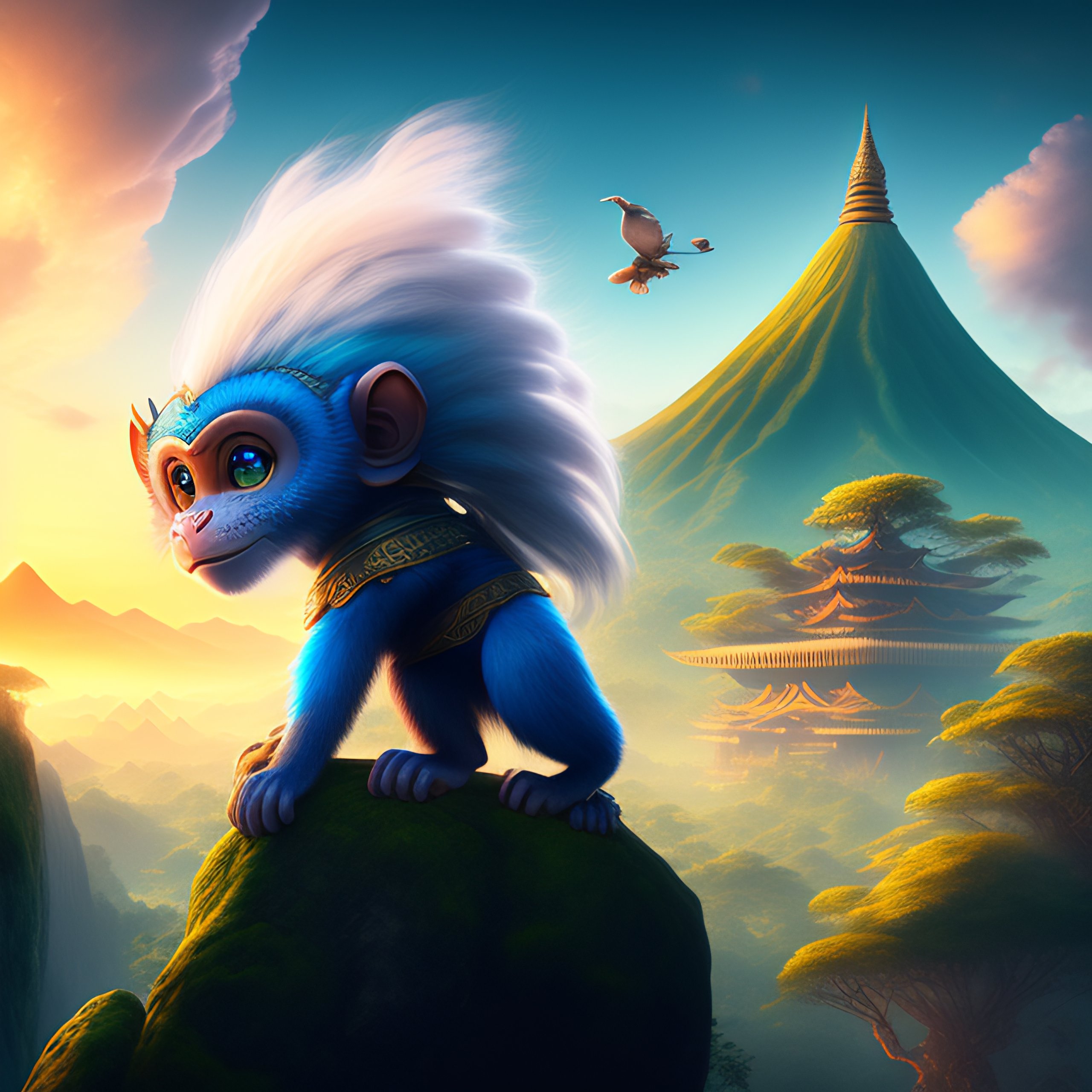 Lexica - A young monkey with crazy white hair and blue skin, with monk ...